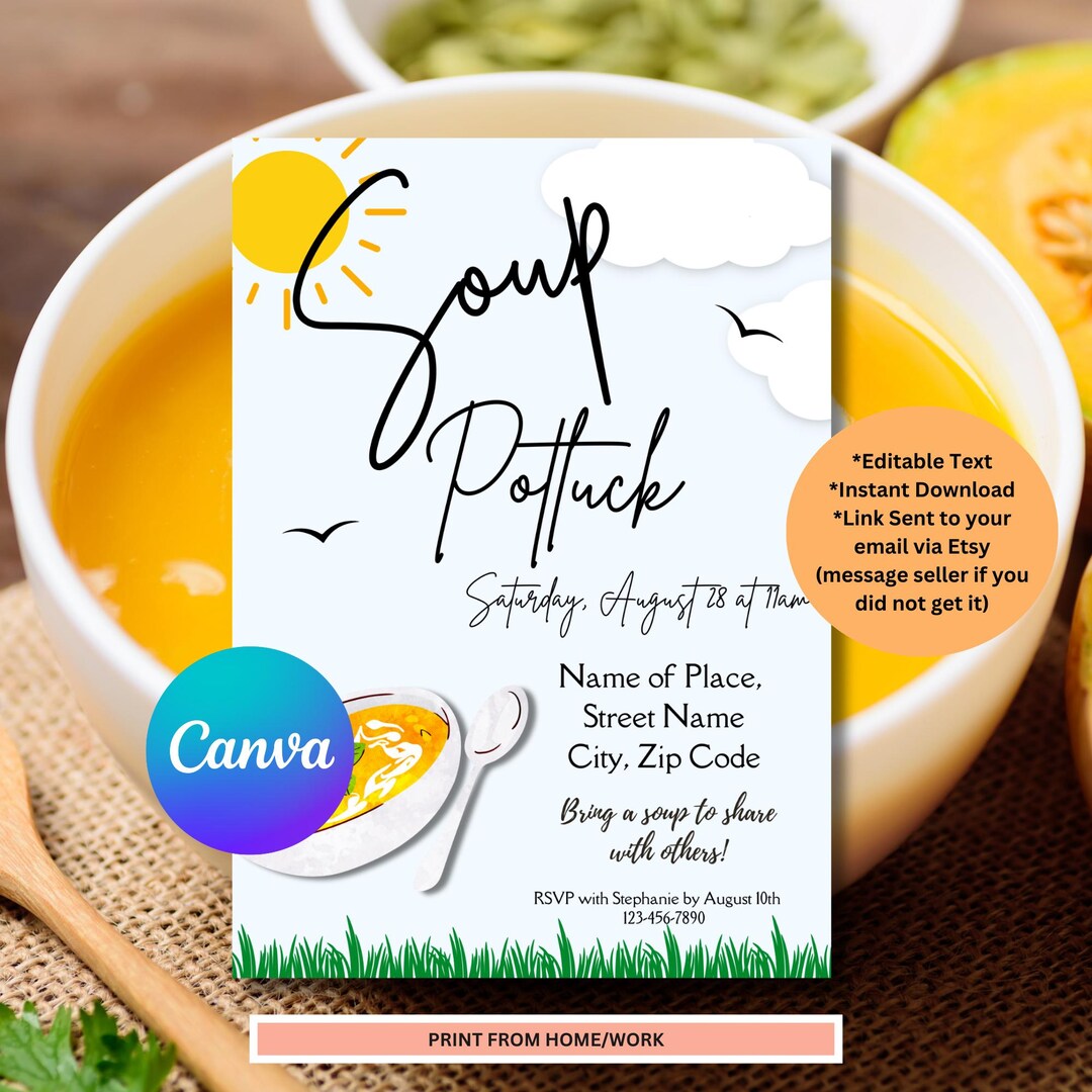 Soup Potluck Party Invite Template | Editable Soup Potluck |summer Soup ...