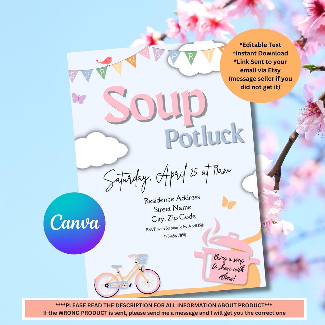 Soup Potluck Party Invite Template | Editable Soup Potluck |spring Soup ...