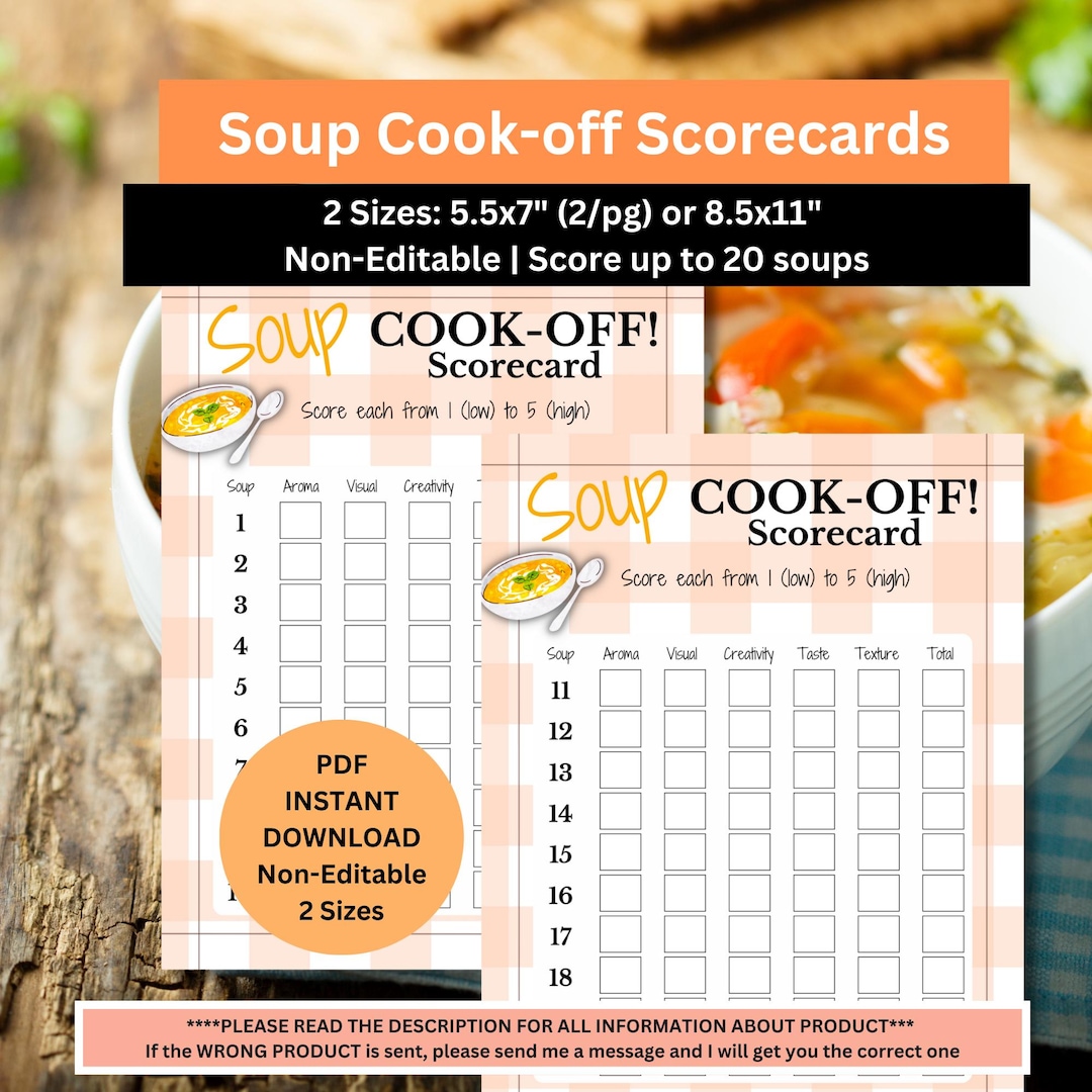Soup Cook-off Scorecard Sheet | Soup Party Scorecard | Soup Swap | Soup Cook-off Event | Soup ...