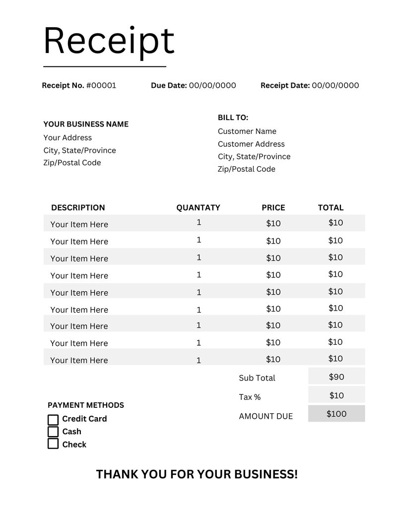 Receipt Template Editable Receipt Template Receipt - Etsy