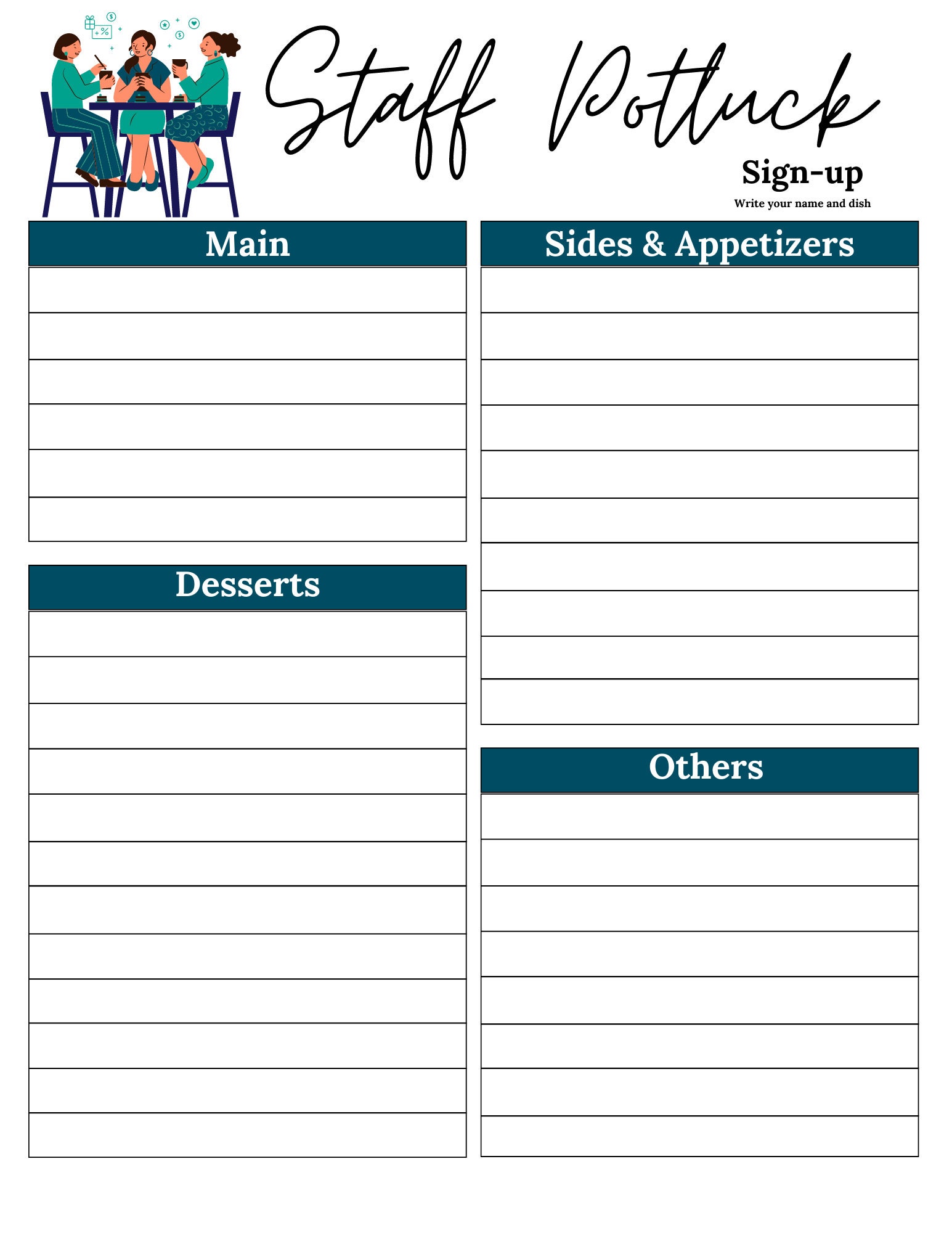 Potluck Sign up Sheet Staff Potluck Sign up Sheet Work - Etsy