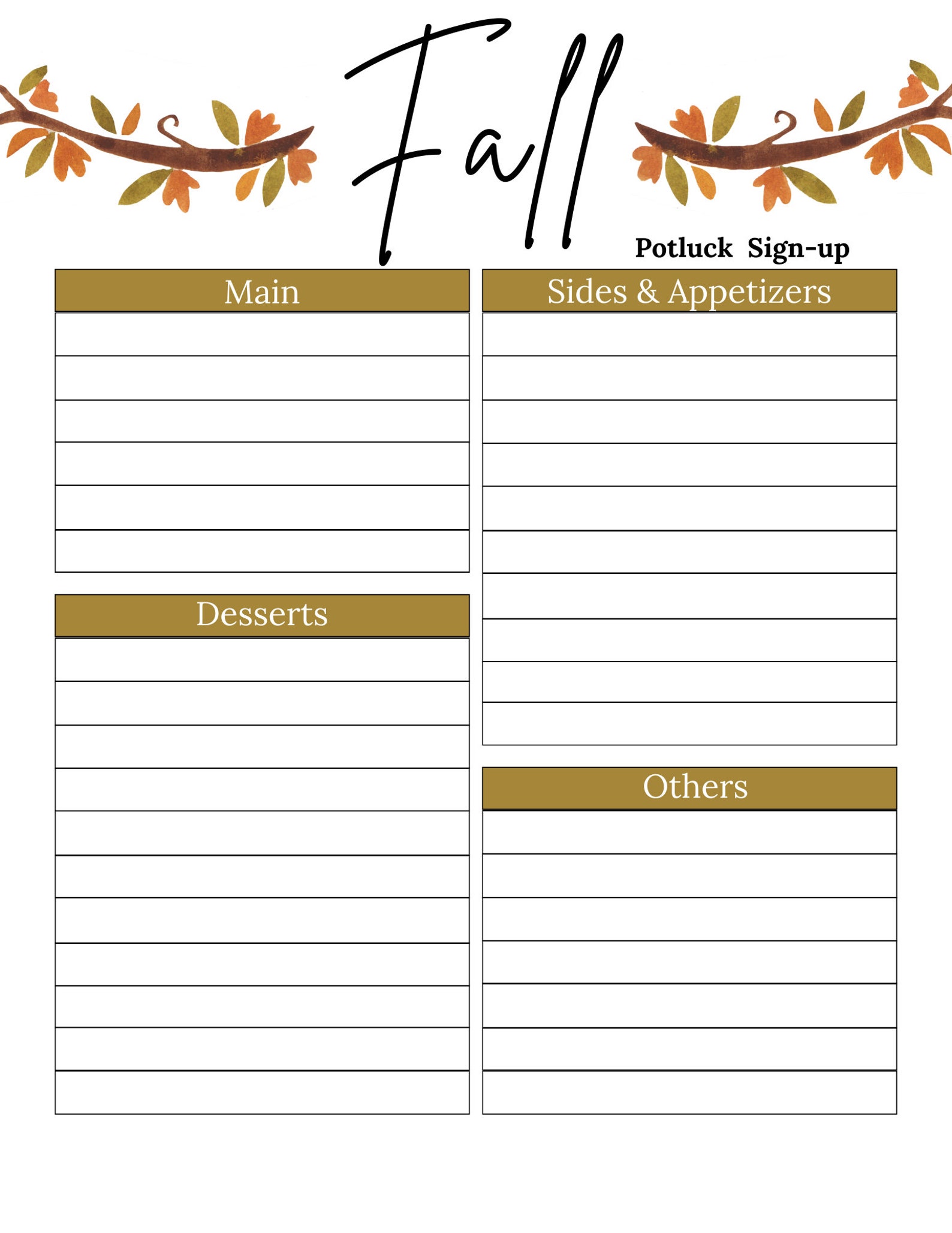 Potluck Sign up Sheet Fall Potluck Sign up Sheet - Etsy