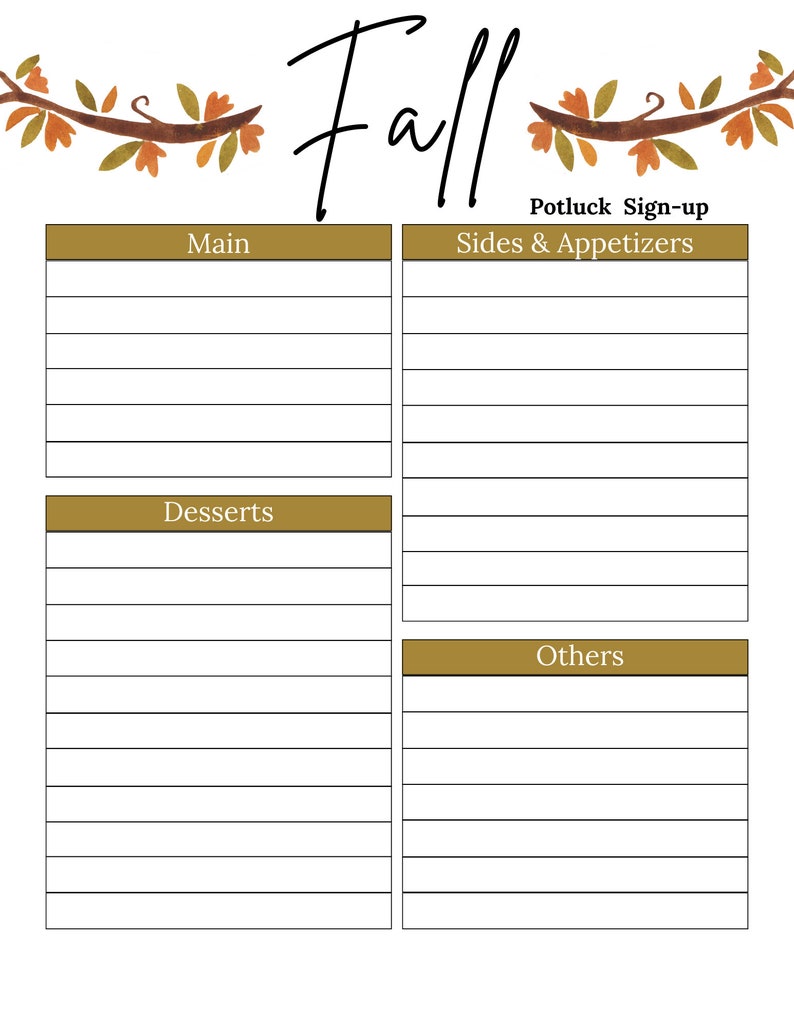 Potluck Sign up Sheet Fall Potluck Sign up Sheet - Etsy