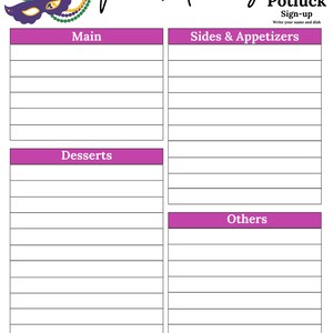 Potluck Sign up Sheet | Mardi Gras Potluck Sign up Sheet | Mardi Gras ...