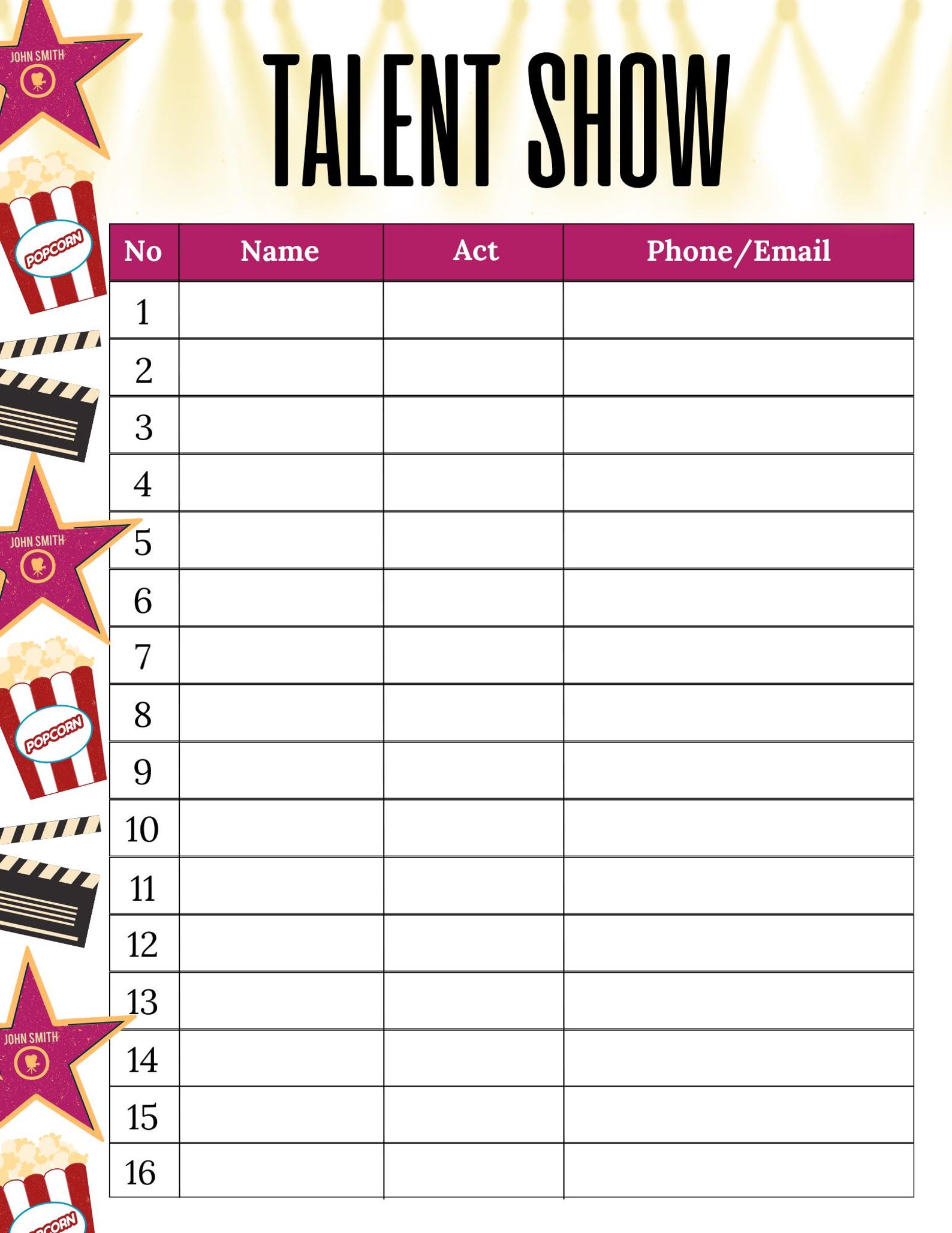 Talent Show Sign up Sheet | Talent Show Sheet | Printable Talent Show ...