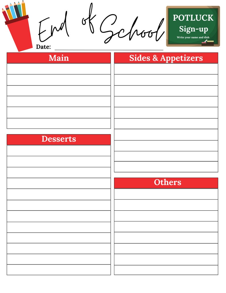 End of School Potluck Sign up Sheet | School Potluck Sheet | Potluck ...