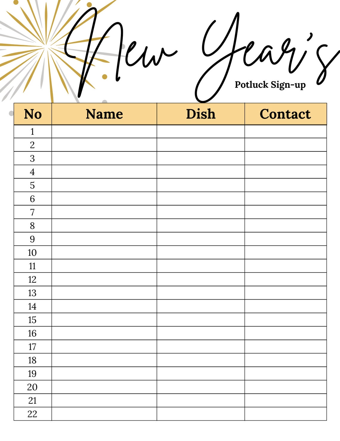 Potluck Sign up Sheet | New Years Potluck Sign up Sheet | New Years Eve ...