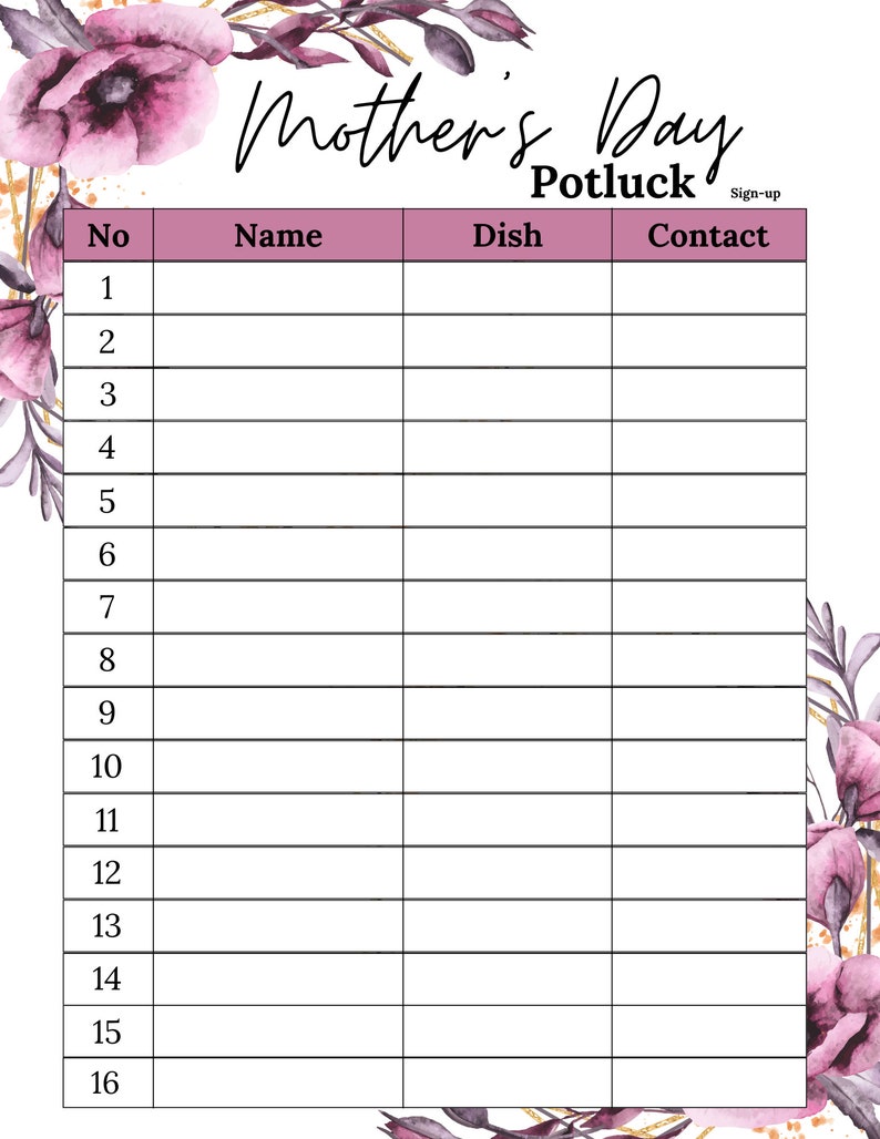 Potluck Sign up Sheet | Mother's Day Potluck Sign up Sheet | Mother's ...