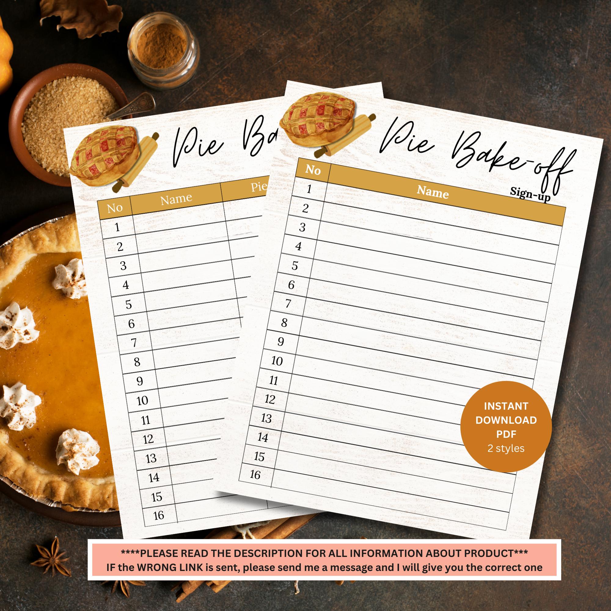 Pie Exchange Party Sign up Sheet | Pie Bake-off Party | Community Food ...