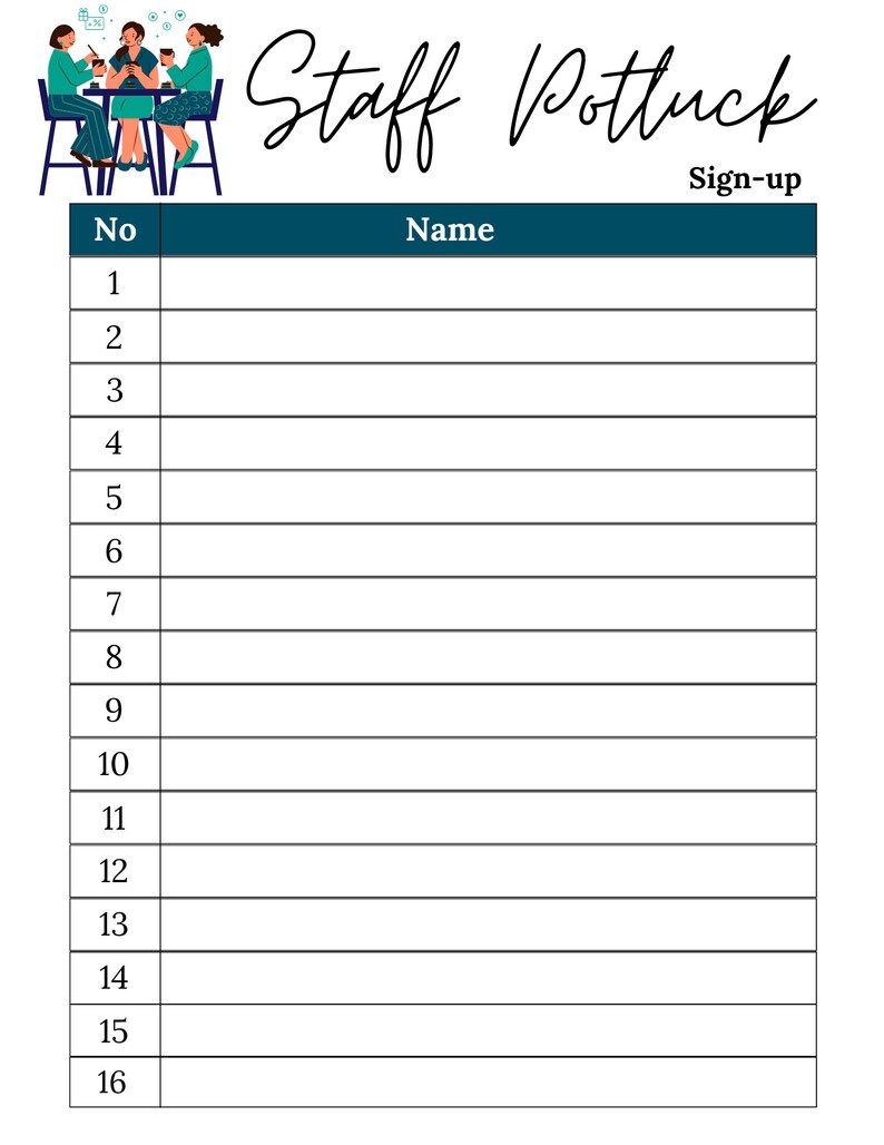 Potluck Sign up Sheet | Staff Potluck Sign up Sheet | Work Potluck ...