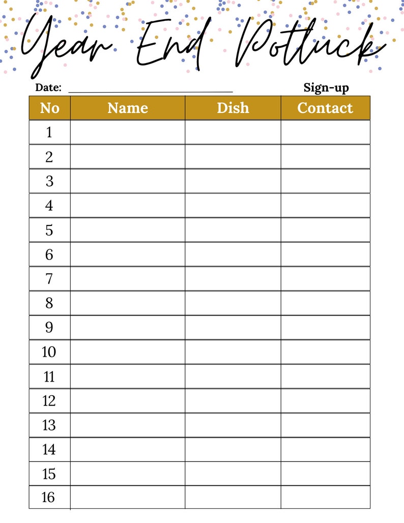 Year End Potluck Sign up Sheet | Work Potluck Sheet | Potluck Sign up ...