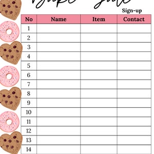 Bake Sale Sign up Sheet | Bake Sale Sheet | Printable Bake Sale Sign up ...