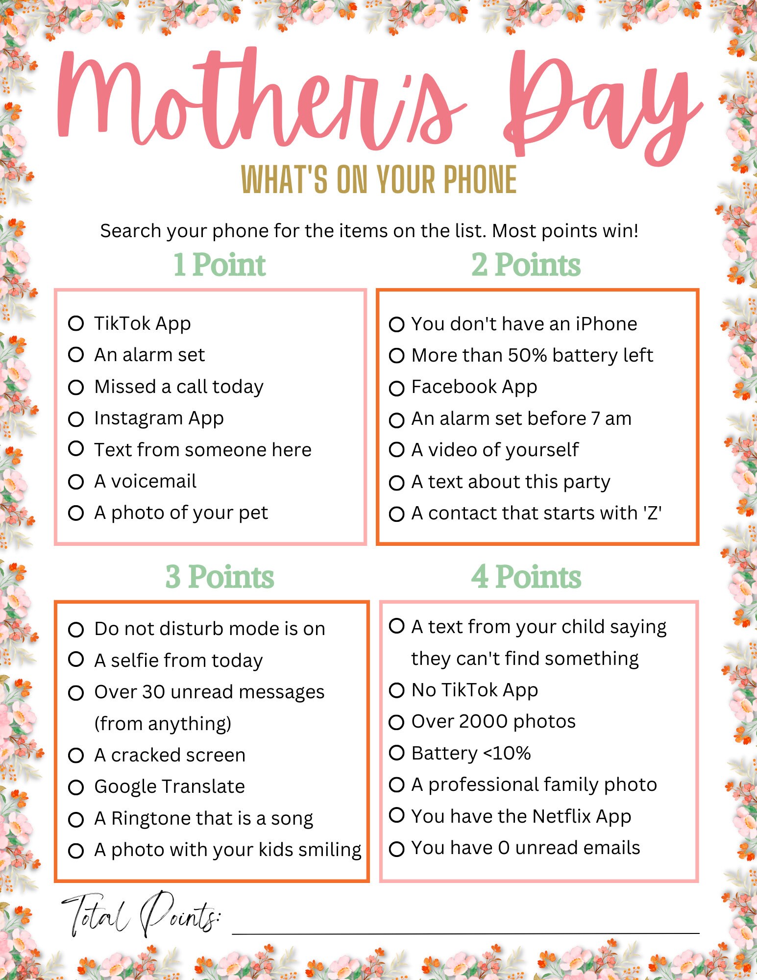 What's on You Phone Mother's Day Game Mothers Day Game Mother's Day ...