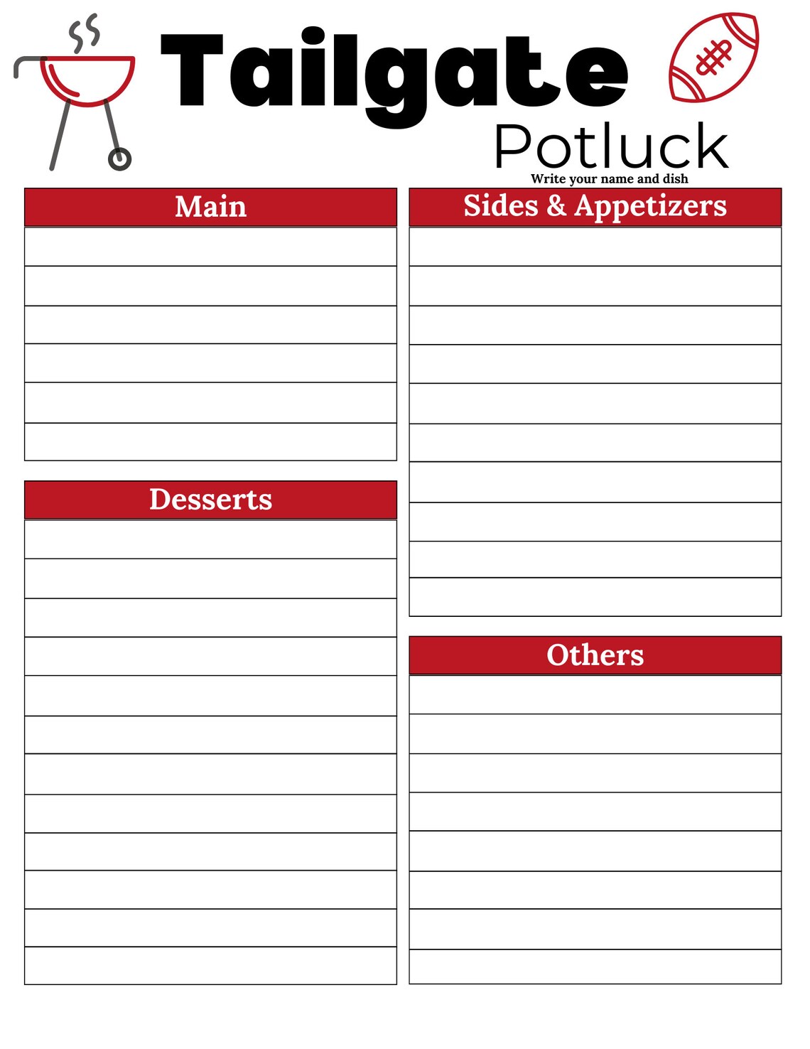 Tailgate Potluck Sign up Sheet | Potluck Sign up Sheet | Football Party ...