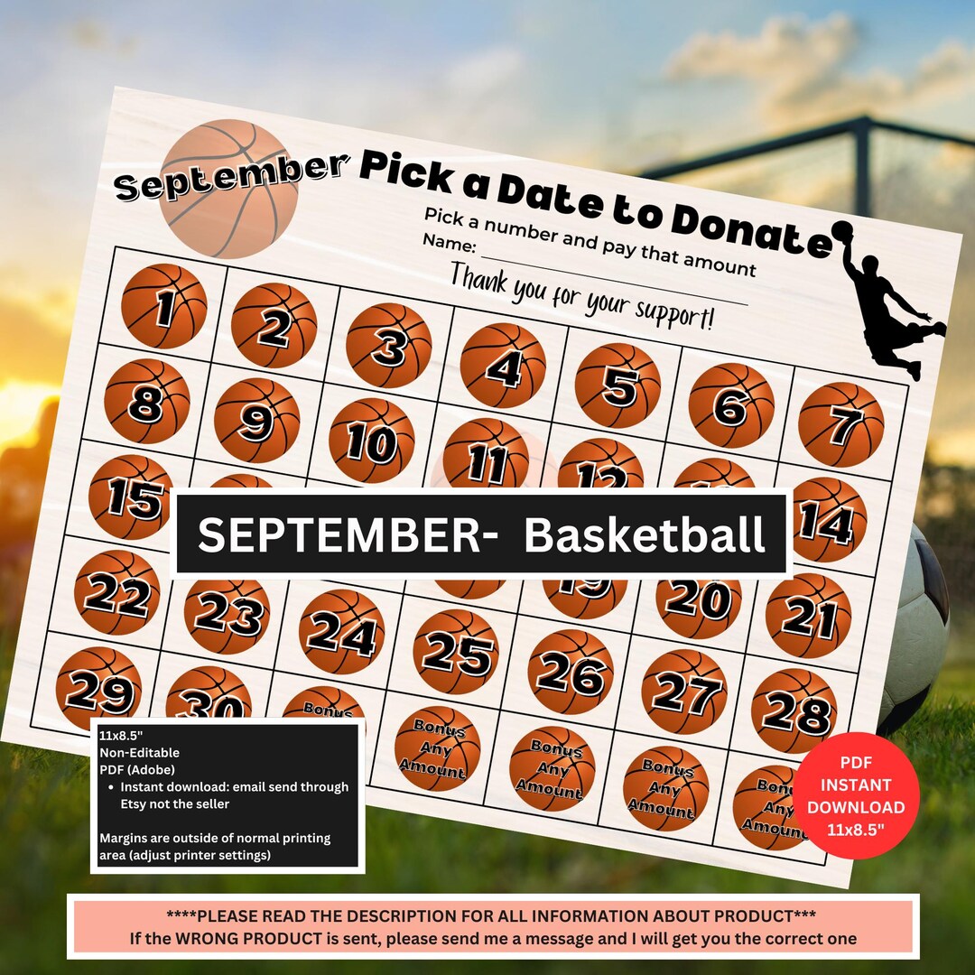 September Basketball Fundraiser Calendar | Pick a Date Fundraiser ...