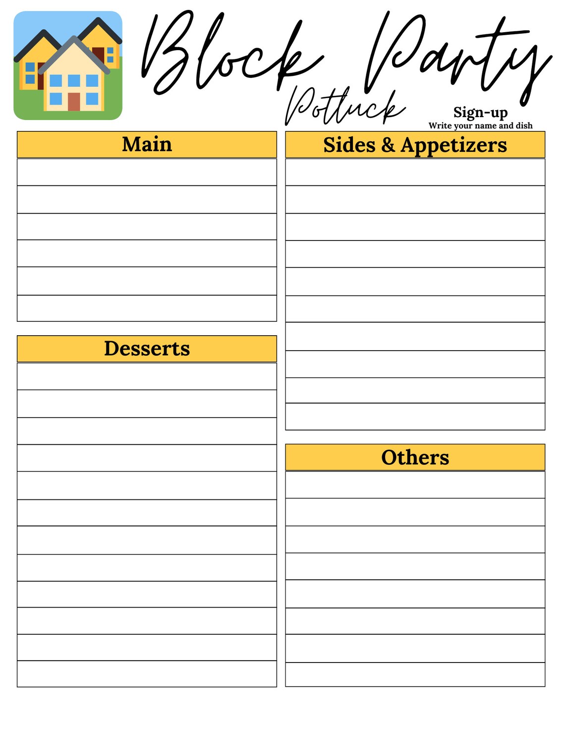 Potluck Sign up Sheet | Block Party Potluck Sign up Sheet ...