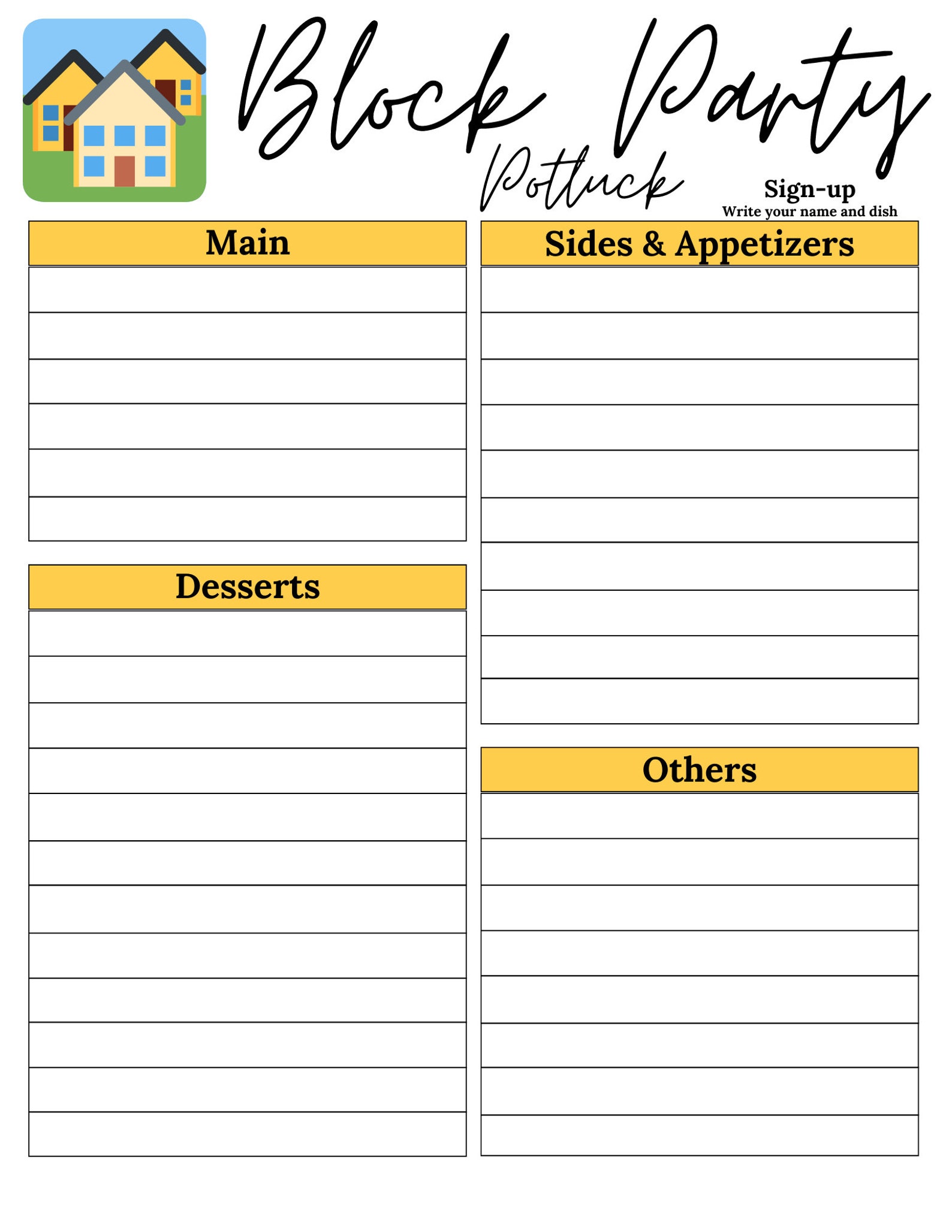 Potluck Sign up Sheet | Block Party Potluck Sign up Sheet ...
