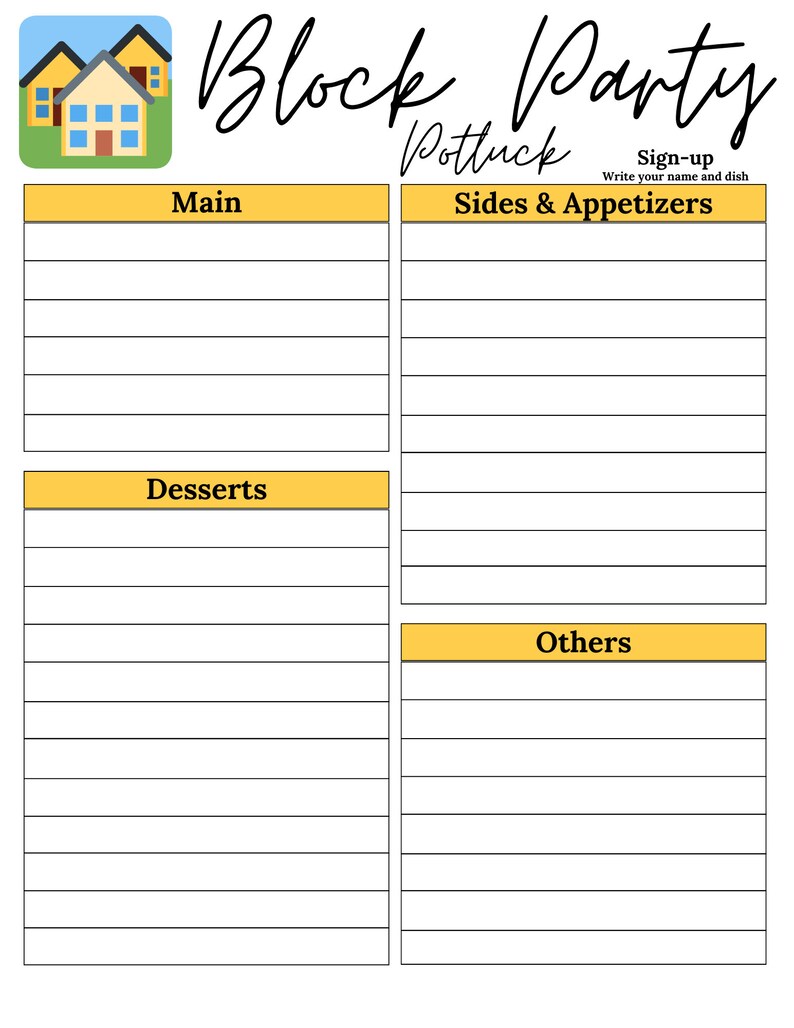 Potluck Sign up Sheet | Block Party Potluck Sign up Sheet ...