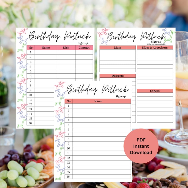 Potluck Sign up Sheet | Birthday Potluck Sign up Sheet | Birthday ...