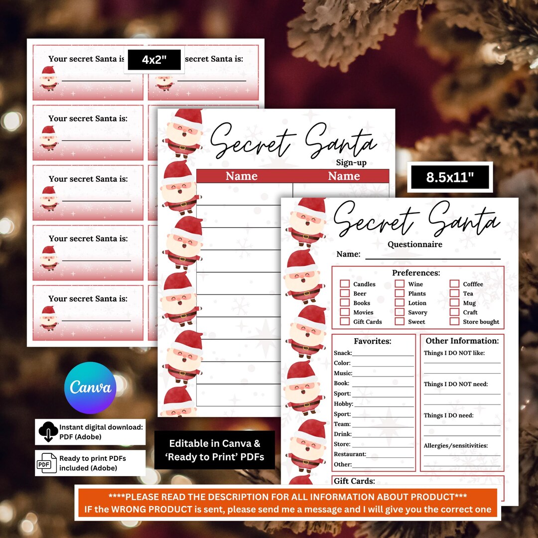 Secret Santa Sign up Sheet | Secret Santa Questionnaire | Secret Santa ...