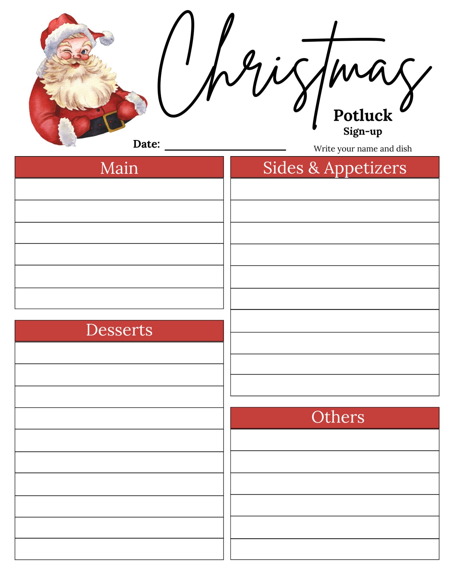 Potluck Sign up Sheet Christmas Potluck Sign up Sheet Christmas Santa ...