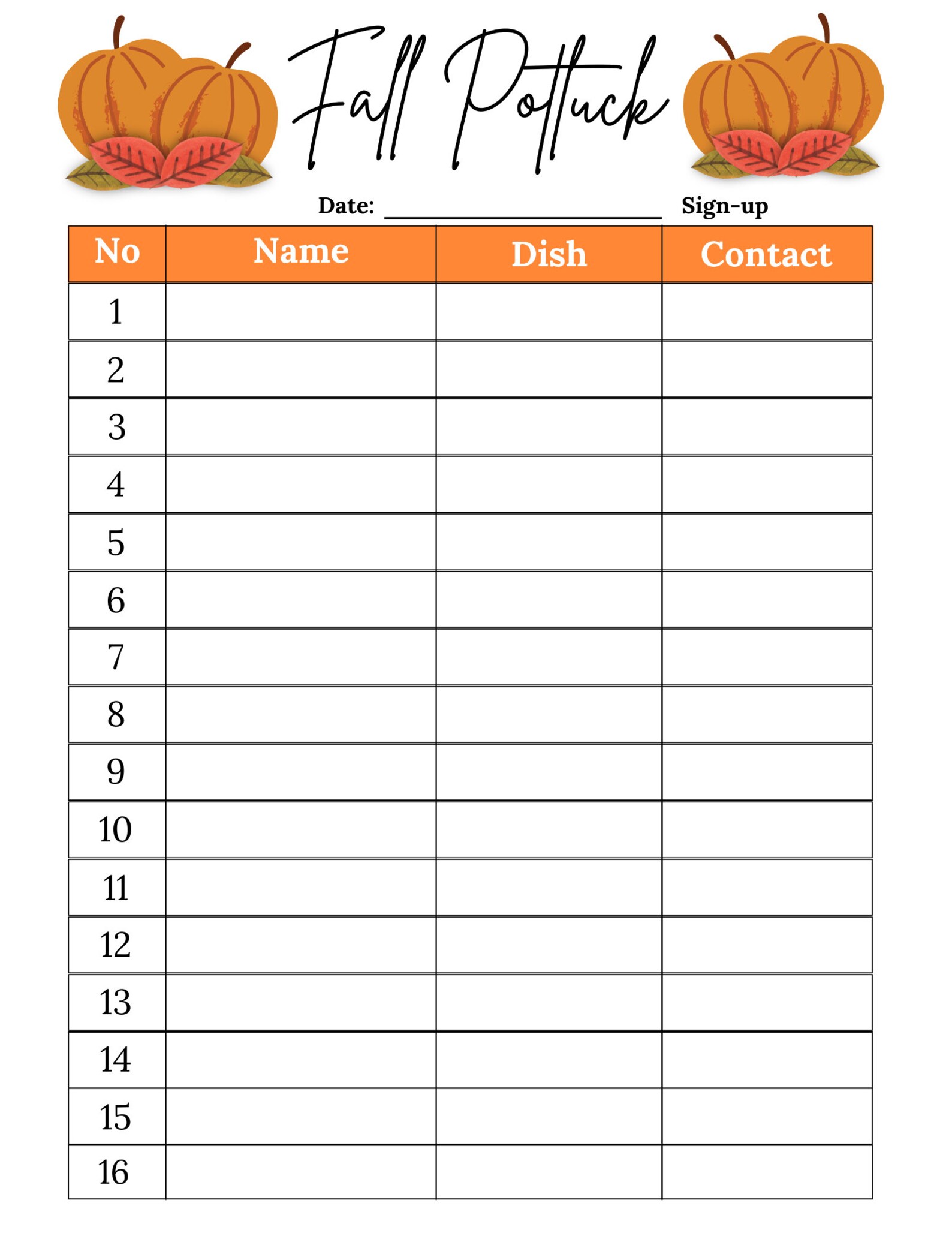 Potluck Sign up Sheet | Fall Potluck Sign up Sheet | Thanksgiving ...