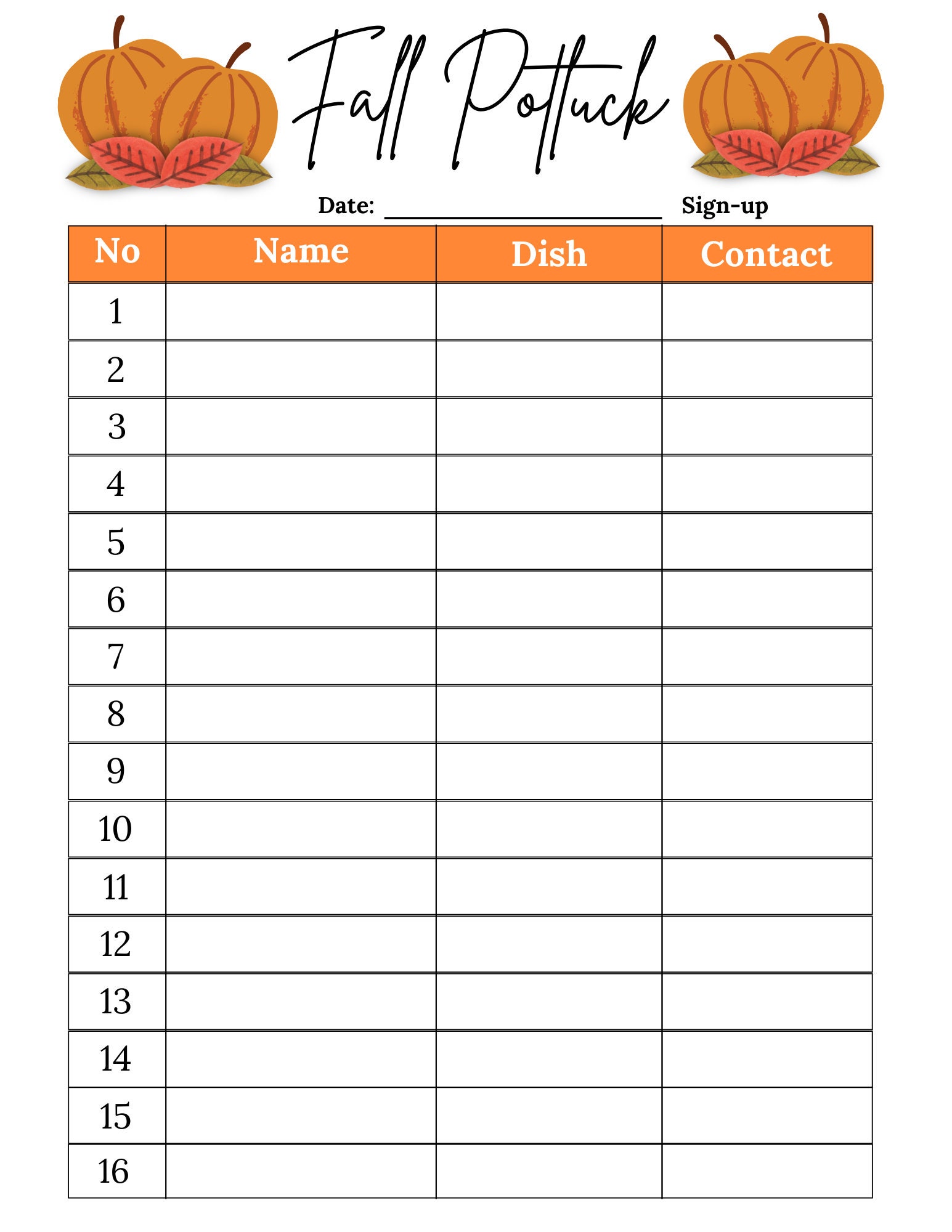 Potluck Sign up Sheet | Fall Potluck Sign up Sheet | Thanksgiving ...