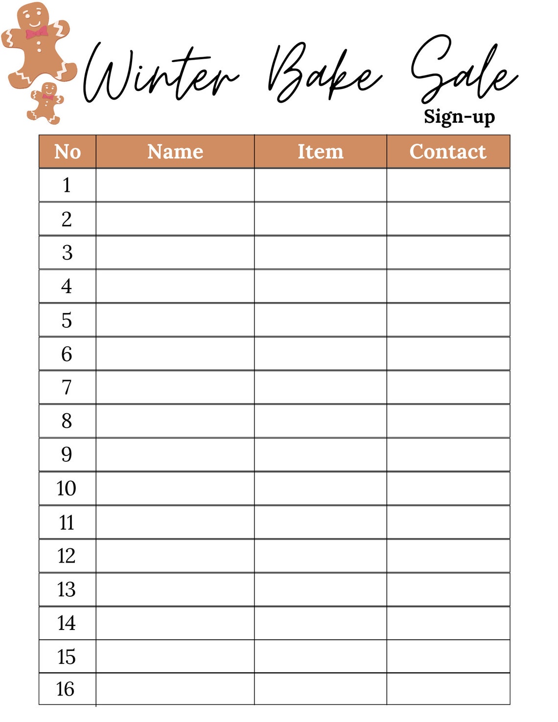 Winter Bake Sale Sign up Sheet Bake Sale Sheet Printable Bake Sale Sign ...