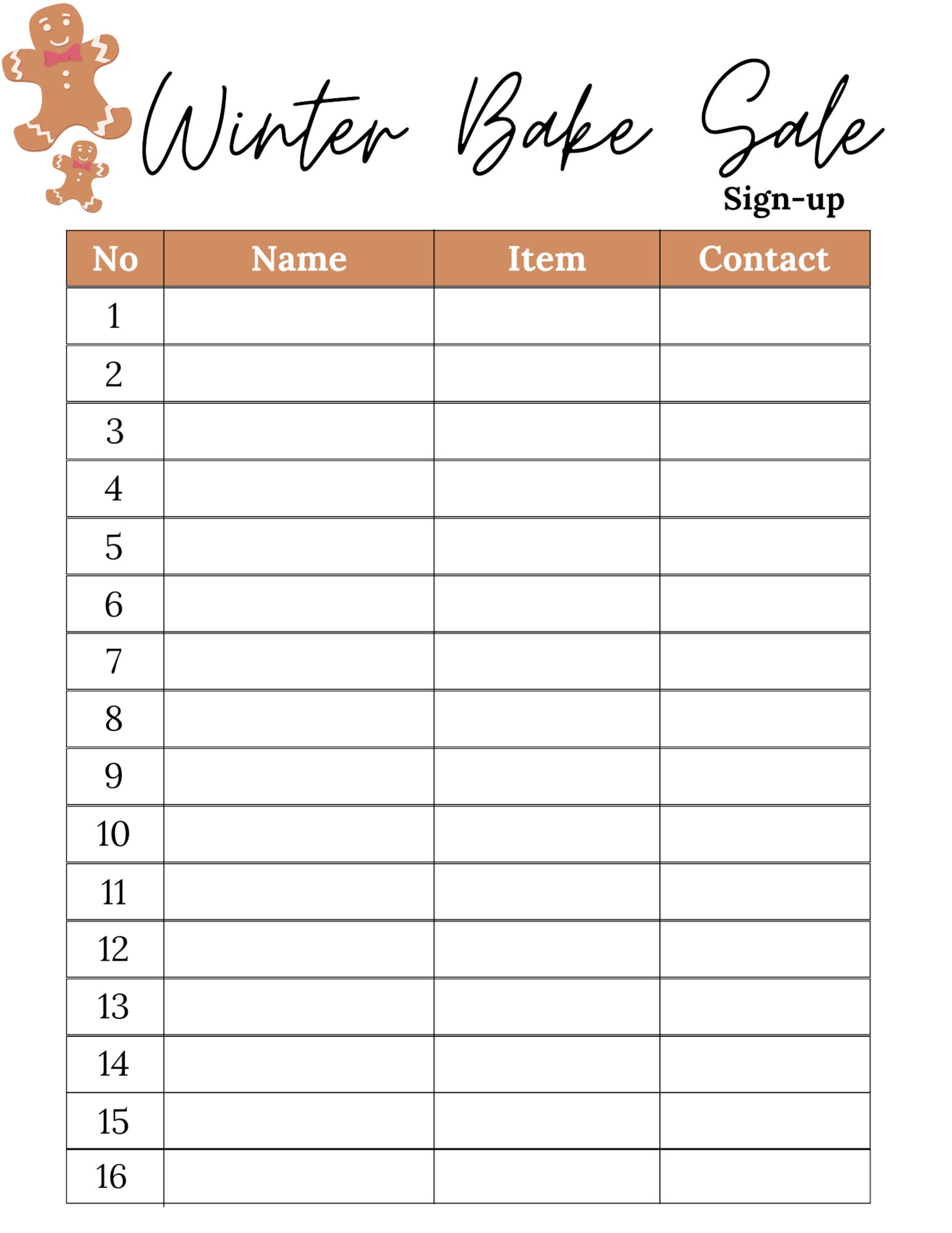 Winter Bake Sale Sign up Sheet | Bake Sale Sheet | Printable Bake Sale ...