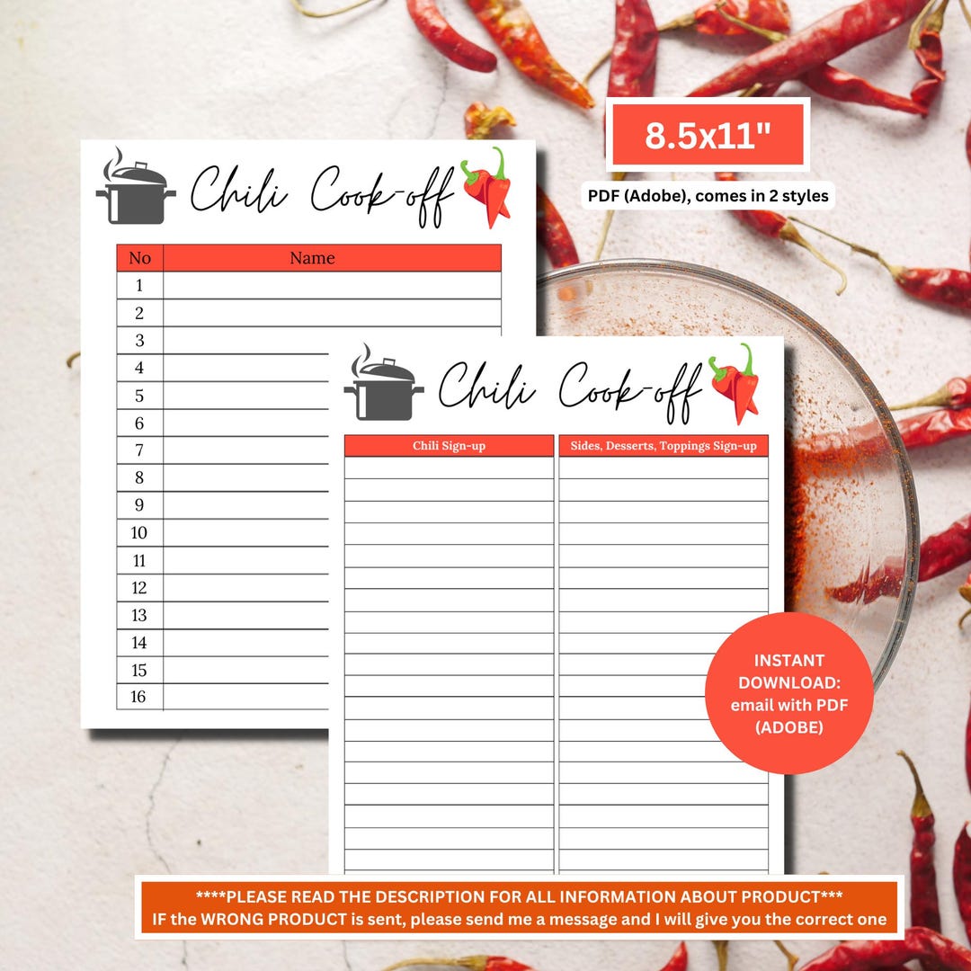 Chili Cook-off Sign up Sheet | Chili Cook off Sheet | Chili Cookoff ...