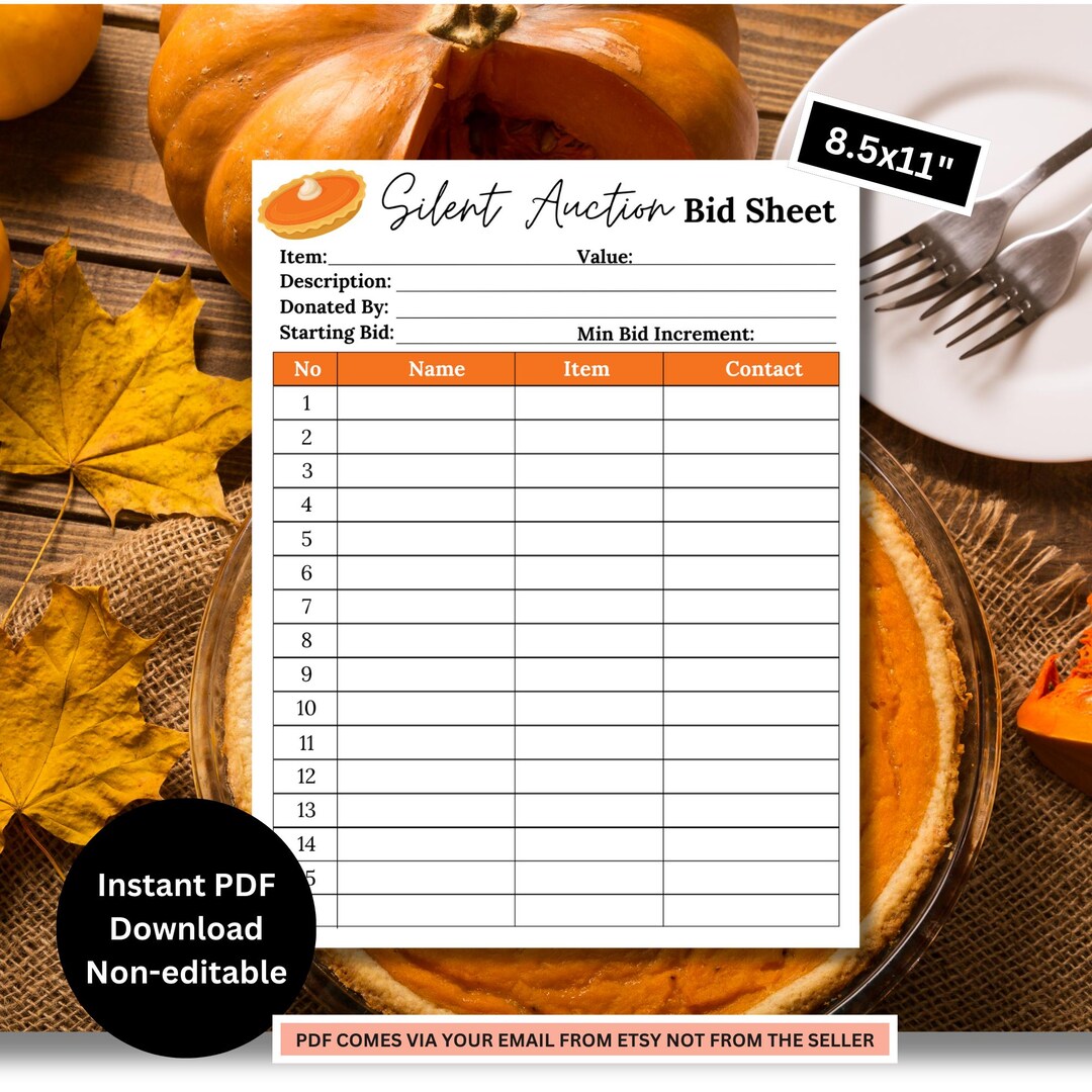 Pie Silent Auction Bid Sheet | Dessert Bidding | Silent Auction Bidding ...