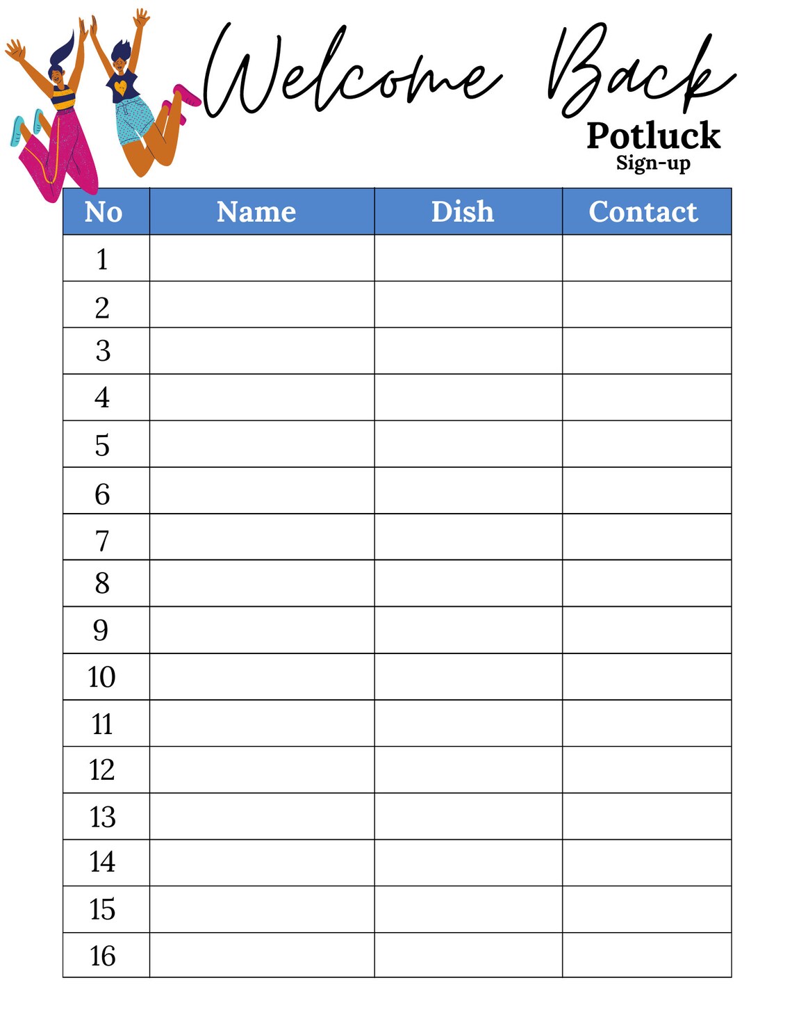 Potluck Sign up Sheet Welcome Back Potluck Sign up Sheet Welcome Back ...
