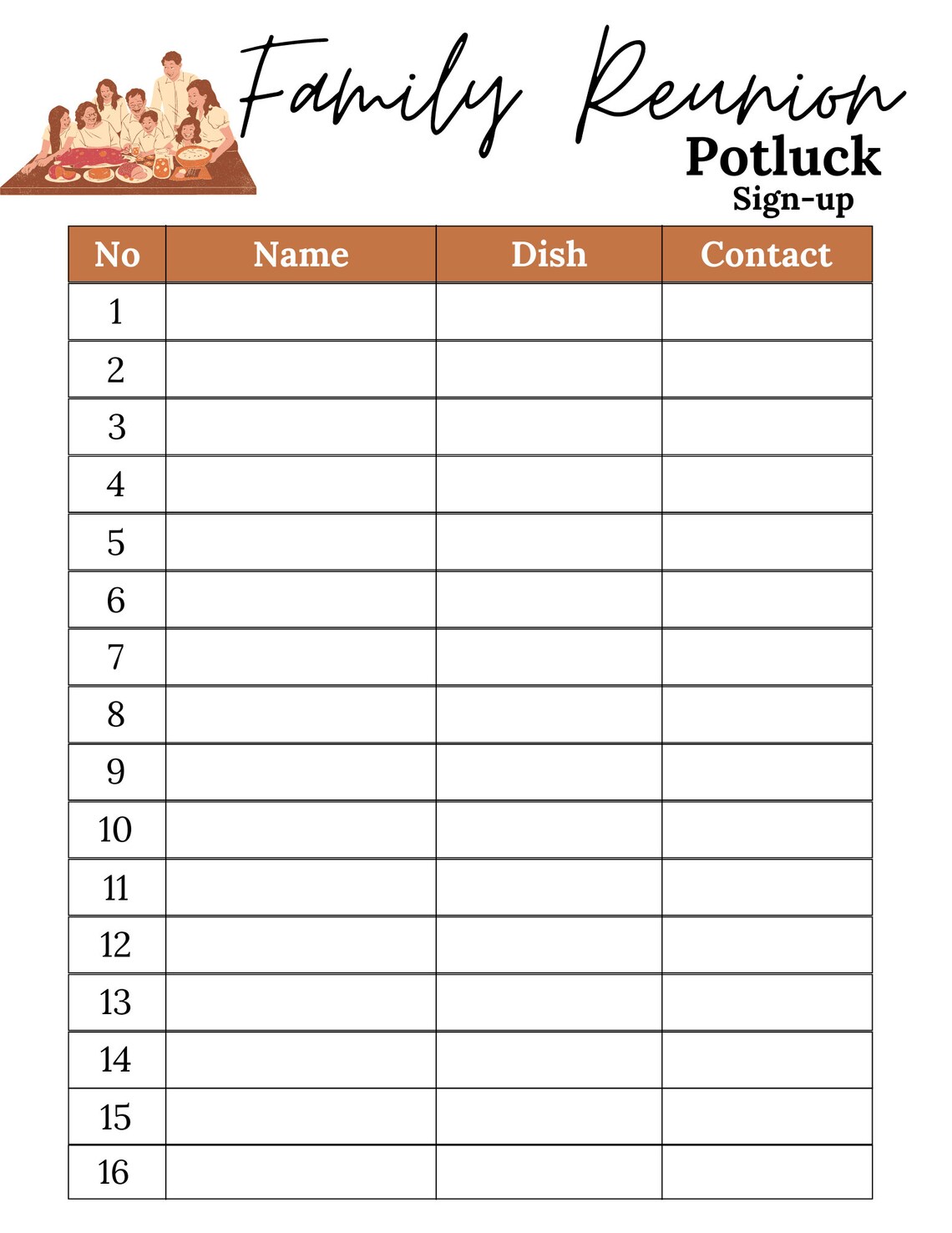 Family Reunion Sign up Sheet | Family Reunion Dinner Sign up Sheet ...