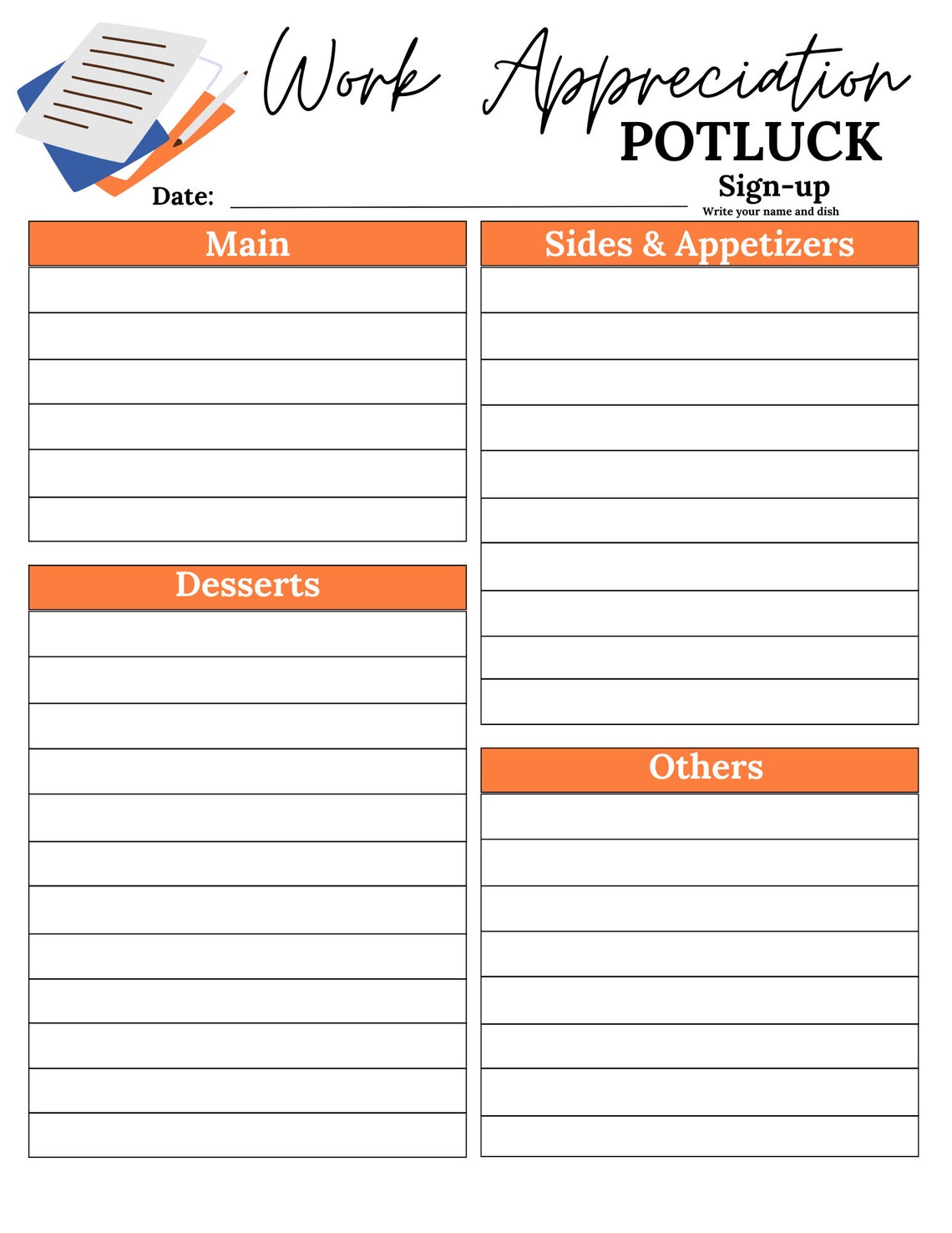 Work Appreciation Potluck Sign up Sheet Employee Appreciation Potluck ...