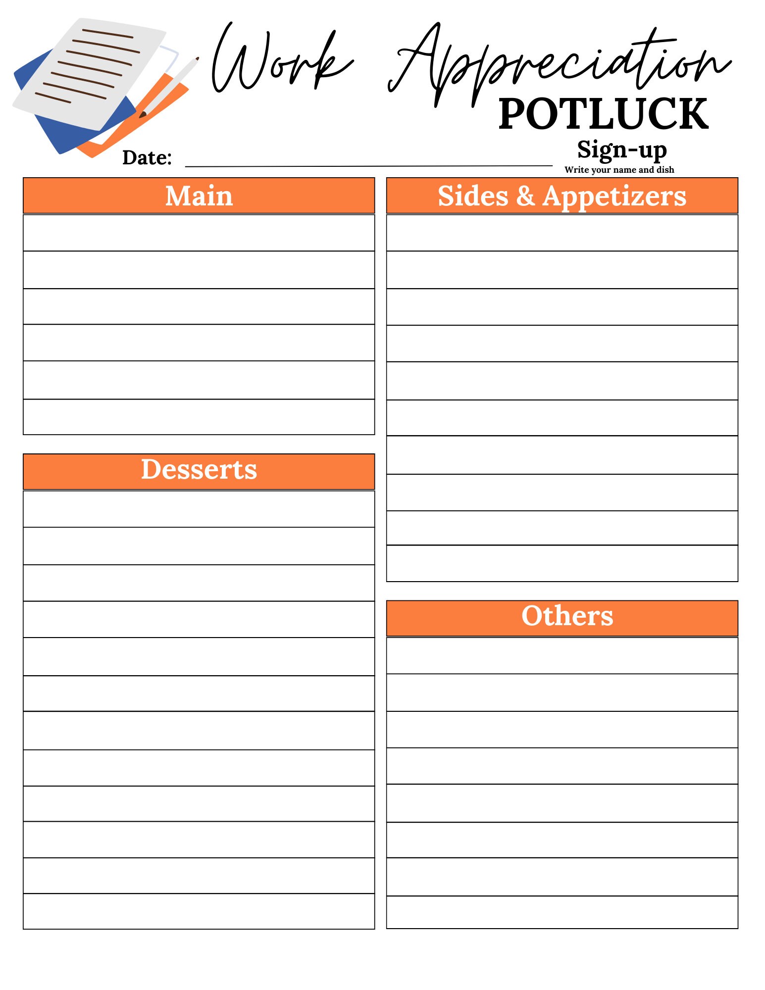 Work Appreciation Potluck Sign up Sheet | Employee Appreciation Potluck ...