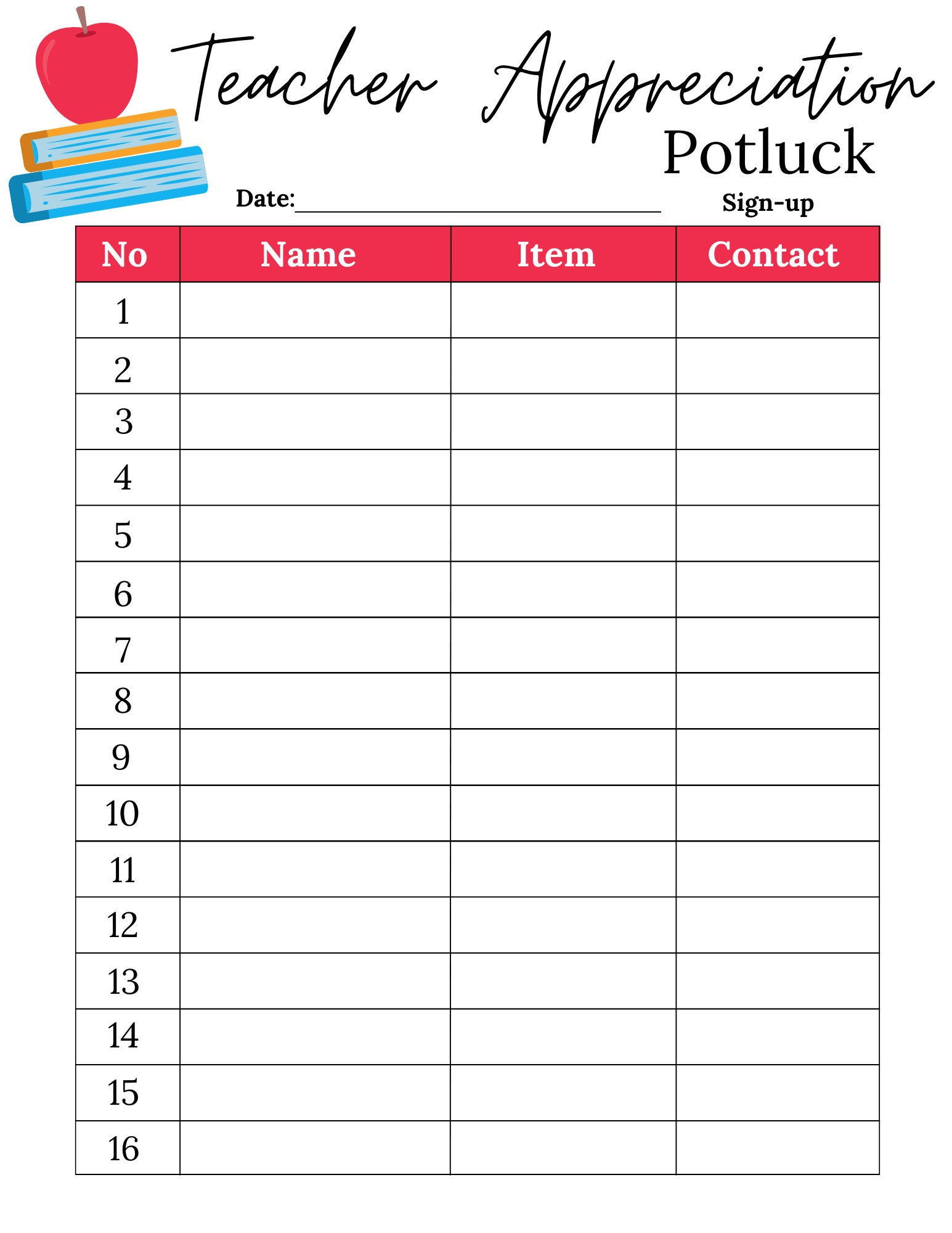 Teacher Appreciation Potluck Sign up Sheet | Teacher Sign up Sheet ...