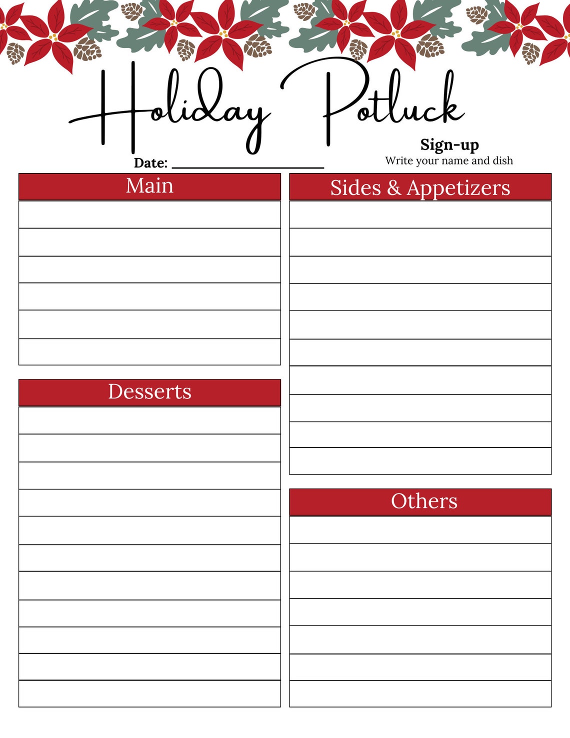 Potluck Sign up Sheet | Holiday Potluck Sign up Sheet | Holiday Potluck ...