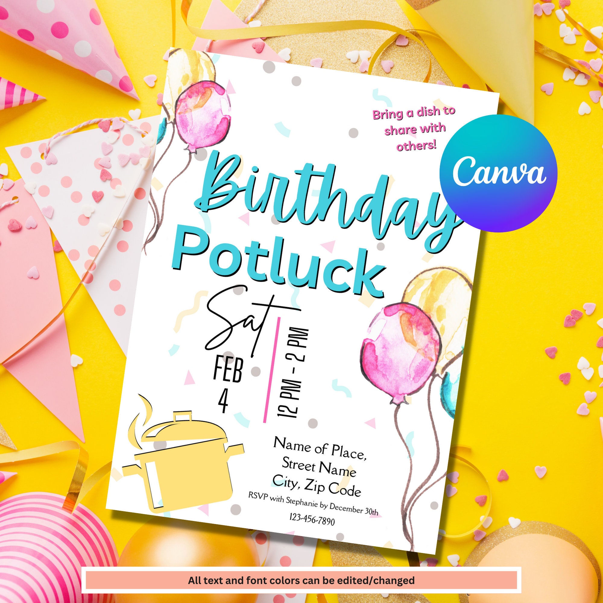 Birthday Potluck Invitation Template | Birthday Party Potluck Invite | Birthday Potluck ...