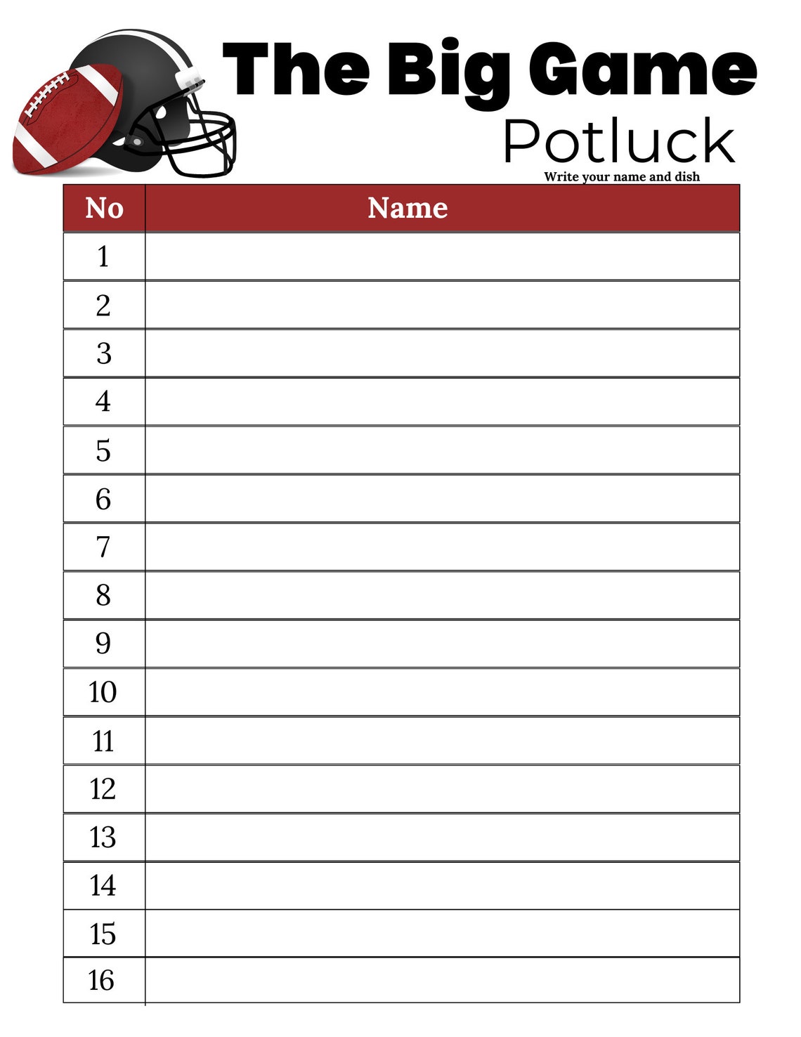 Potluck Sign up Sheet the Big Game Potluck Sign up Sheet Football ...