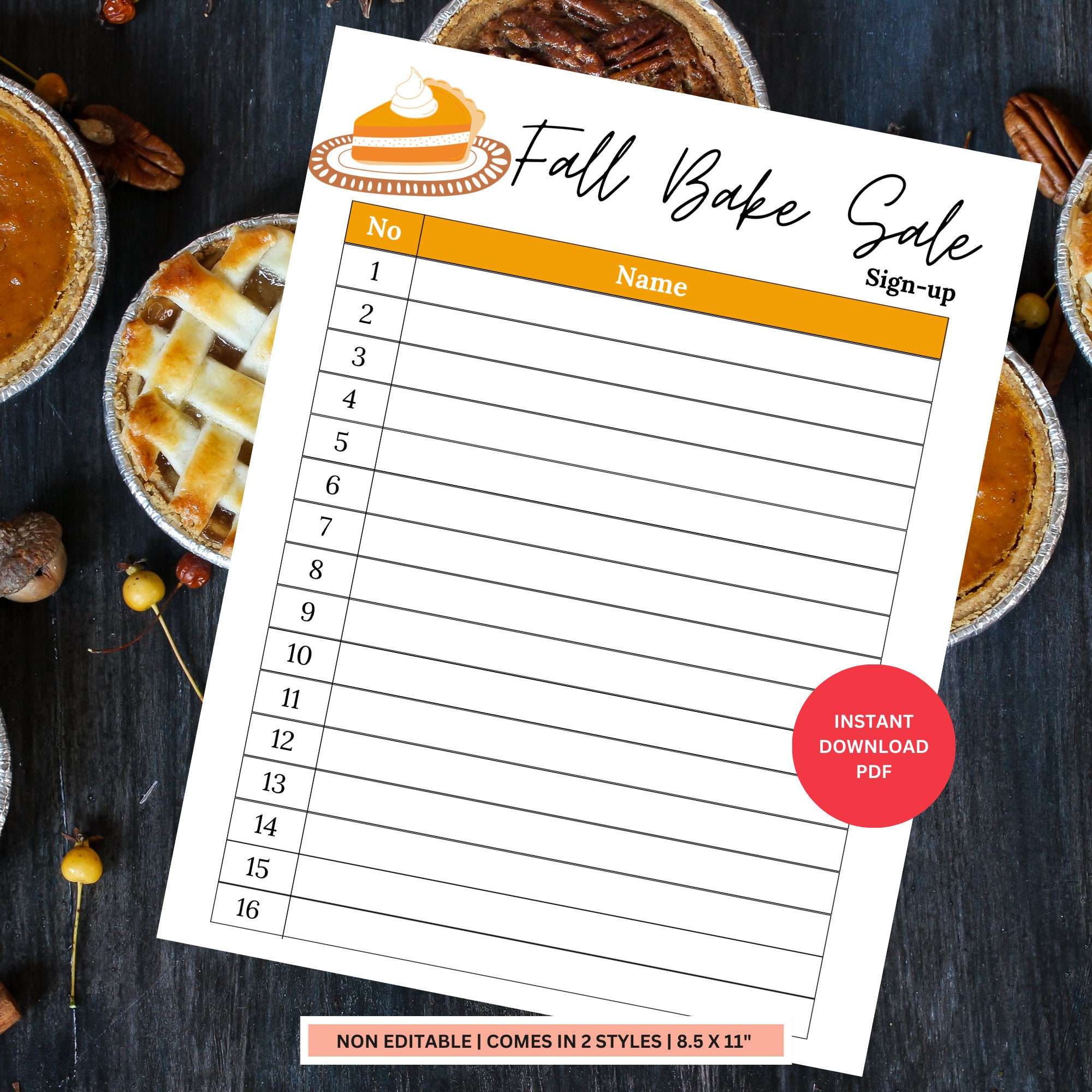 Fall Bake Sale Sign up Sheet | Bake Sale Sheet | Printable Bake Sale ...
