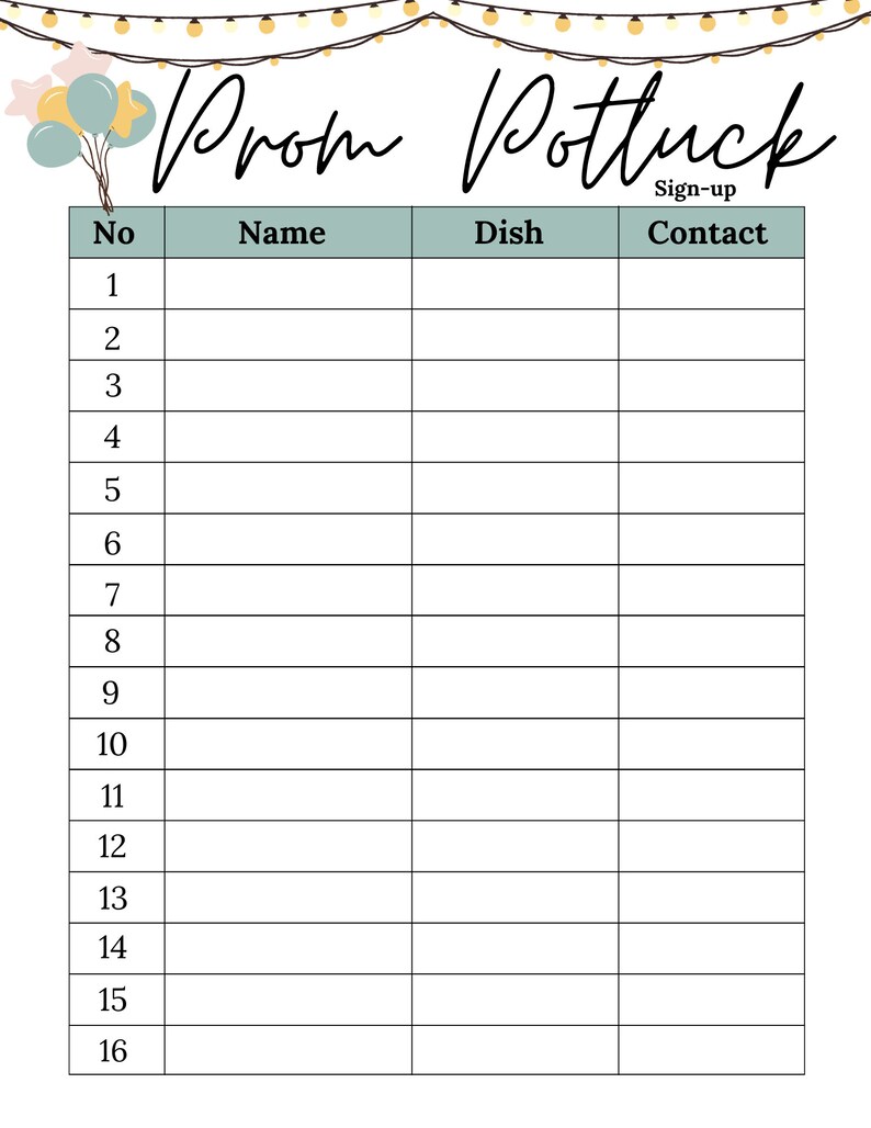 Potluck Sign up Sheet Prom Potluck Sign up Sheet Graduation Potluck ...