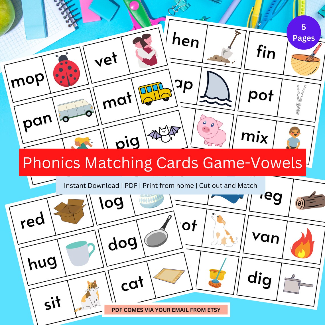 Phonics Matching Cards Game Vowels CVC Words Phonics Games - Etsy