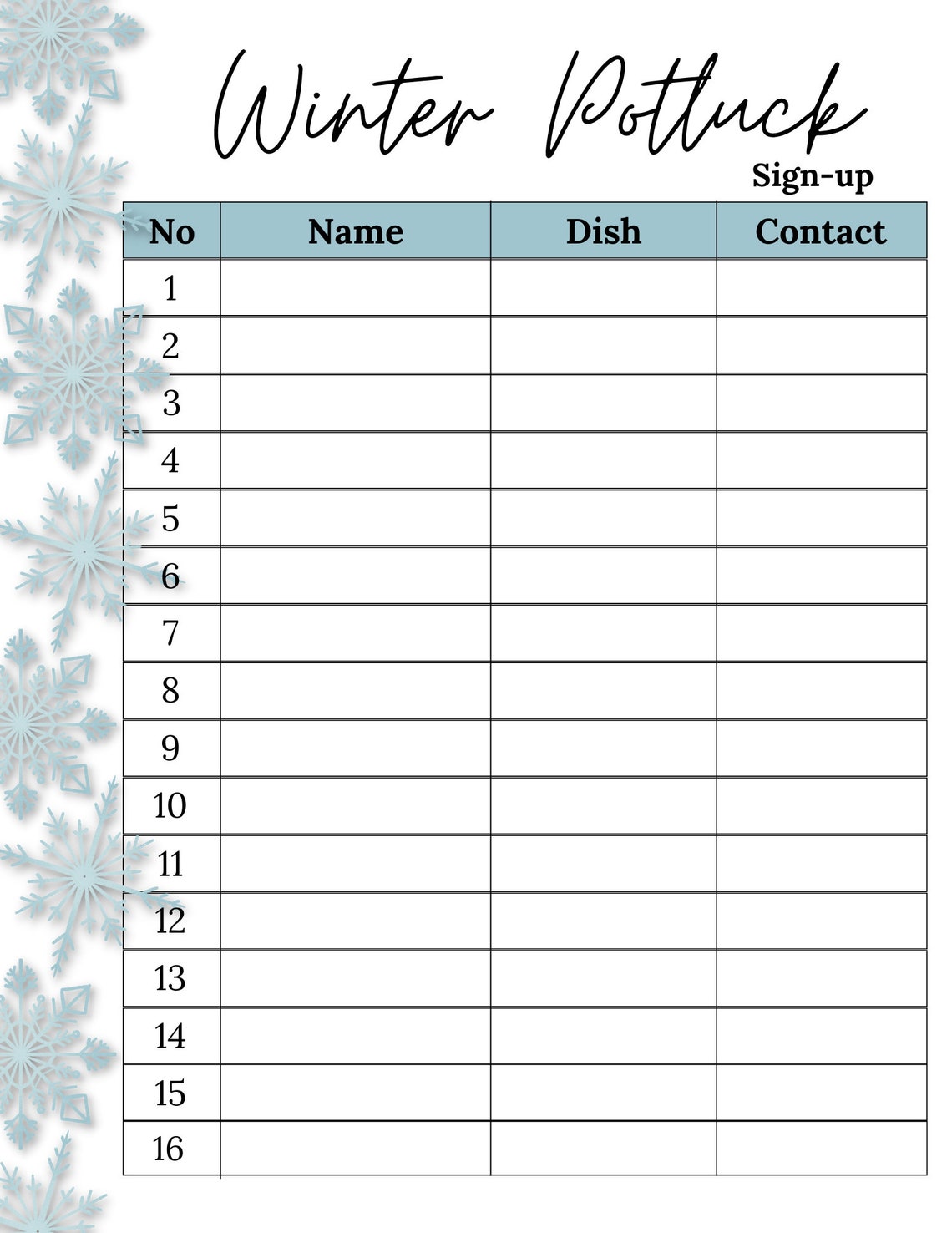 Potluck Sign up Sheet Winter Potluck Sign up Sheet - Etsy