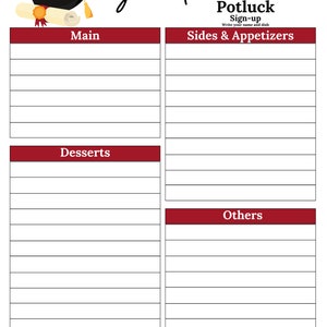 Potluck Sign up Sheet | Graduation Potluck Sign up Sheet | Grad Potluck ...