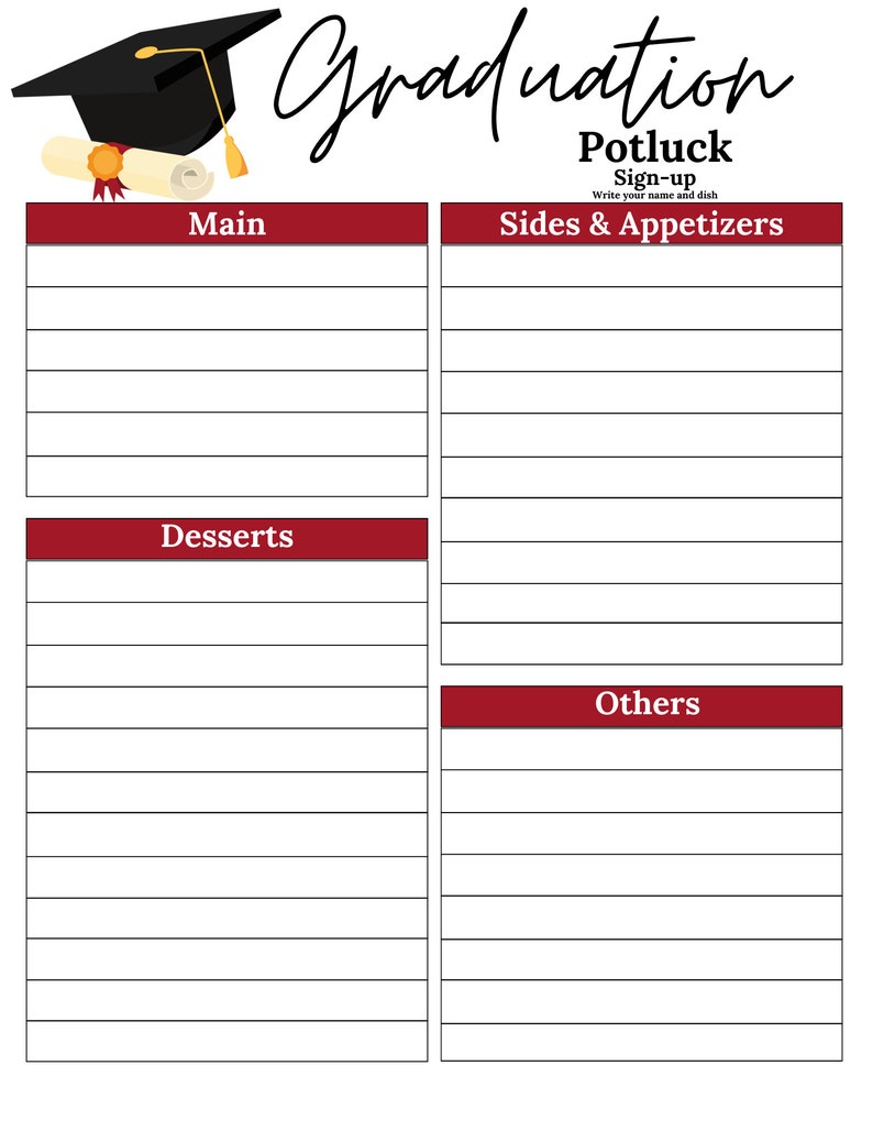 Potluck Sign up Sheet | Graduation Potluck Sign up Sheet | Grad Potluck ...