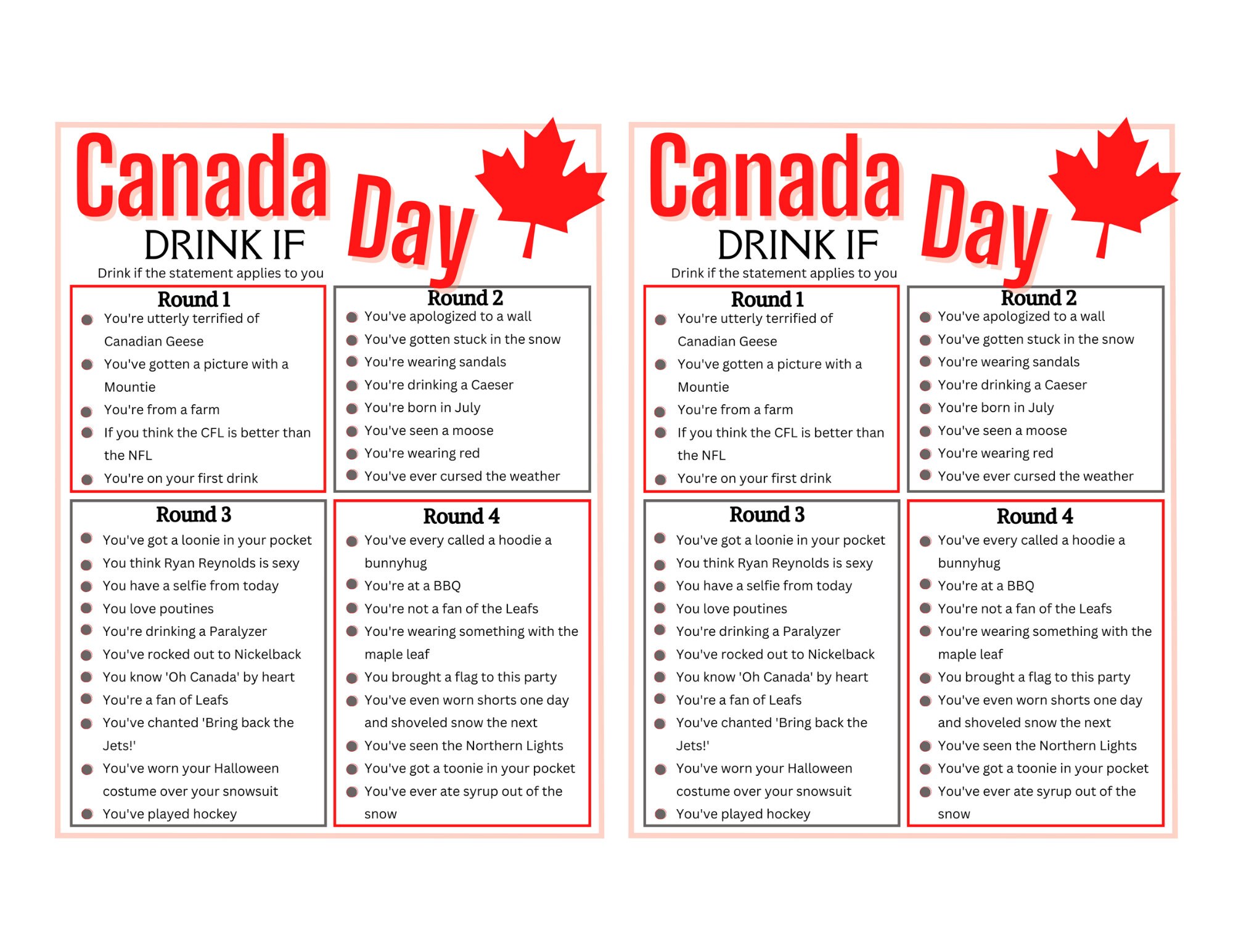 Drink If Canada Day Game | July 1st Printable Games | Canada Day ...