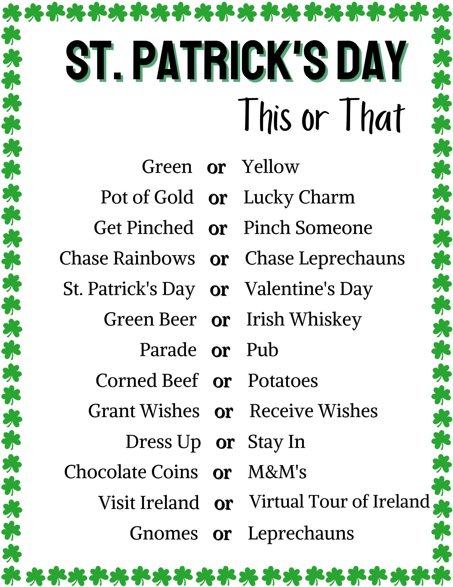 St. Patrick's Day This or That St. Patrick's Day - Etsy