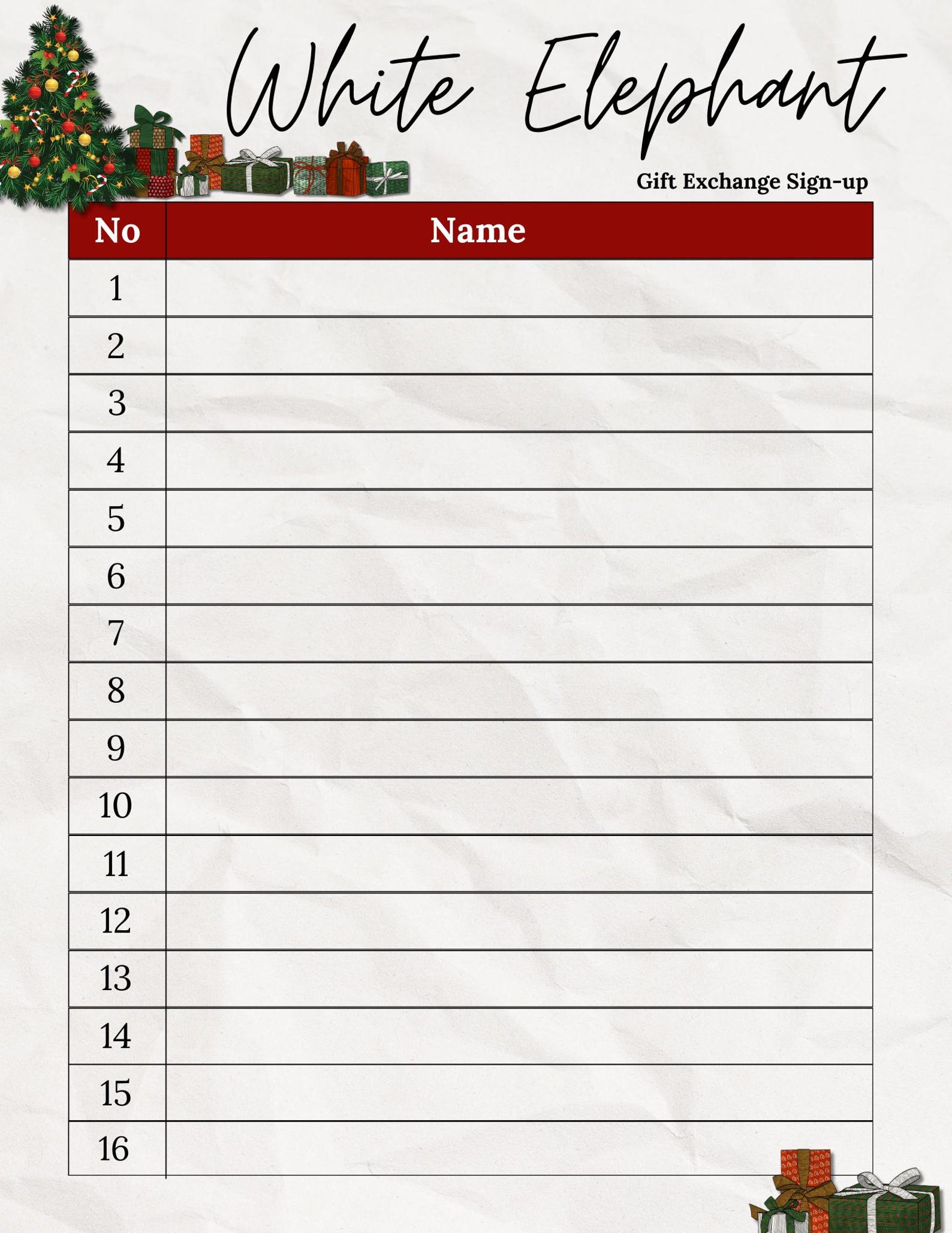 White Elephant Gift Exchange Sign up Sheet | Gift Exchange Sign up ...