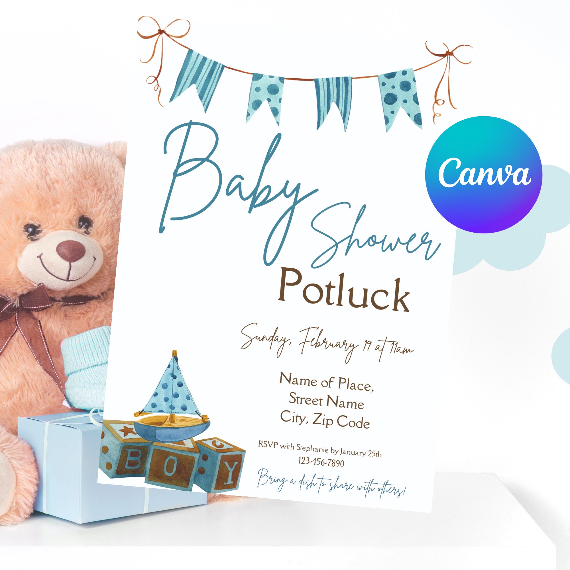 Baby Shower Potluck Invitation Template | Baby Boy Shower Potluck ...