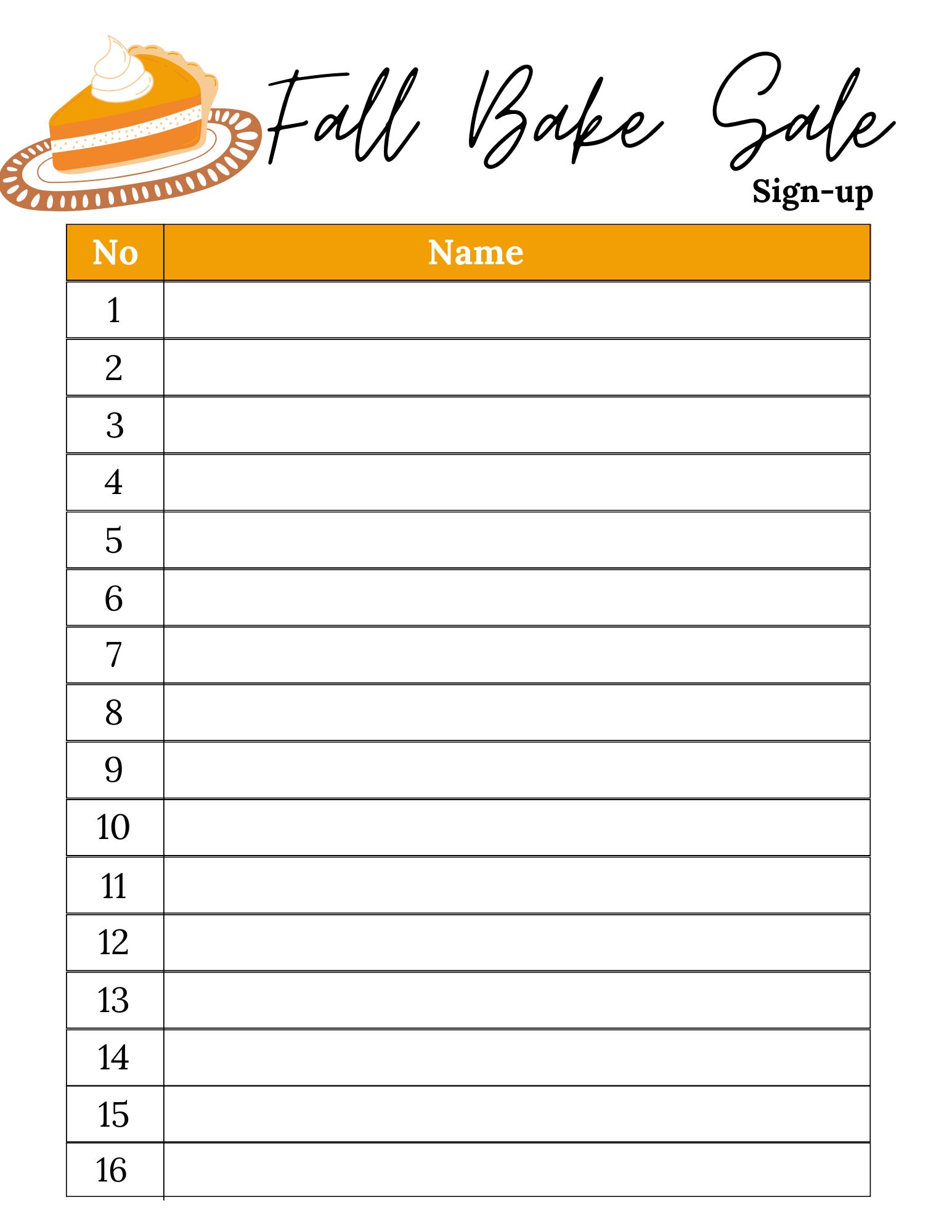 Fall Bake Sale Sign up Sheet | Bake Sale Sheet | Printable Bake Sale ...